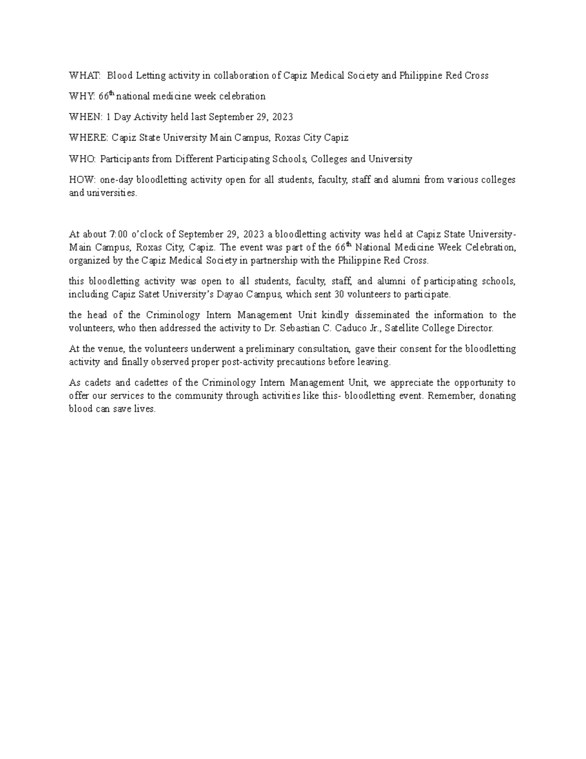 Blood letting - JUST A NARRATIVE REPORT - WHAT: Blood Letting activity in collaboration of Capiz ...