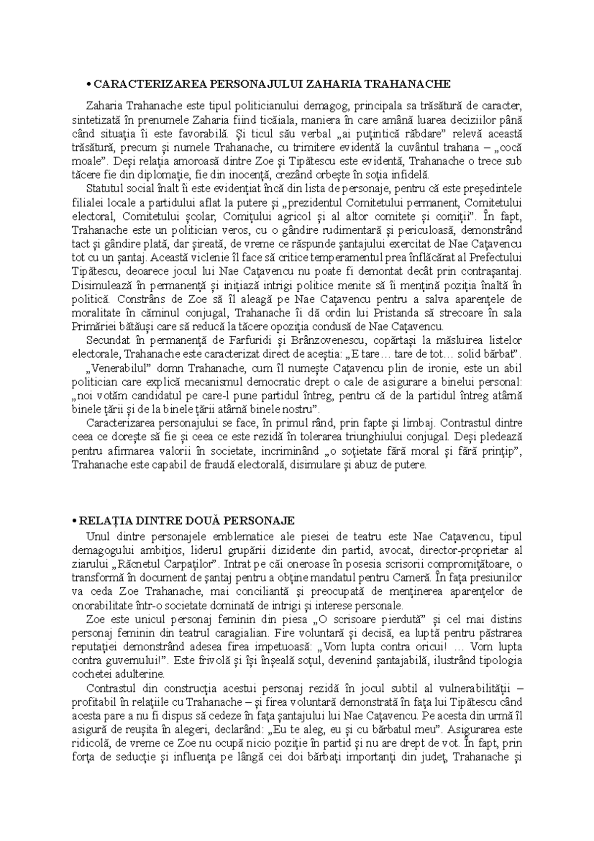 O scrisoare - caracterizare - • CARACTERIZAREA PERSONAJULUI ZAHARIA ...