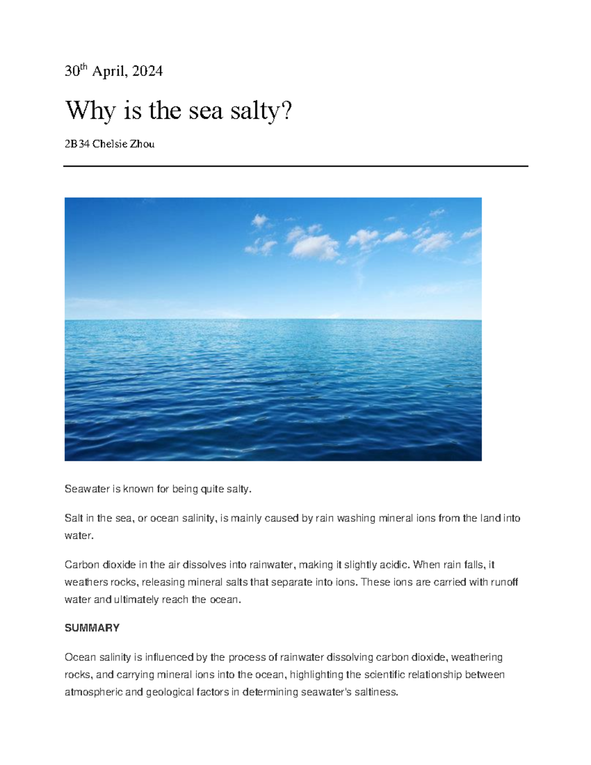 Science poster - yyh - 30 th April, 2024 Why is the sea salty? 2B34 ...