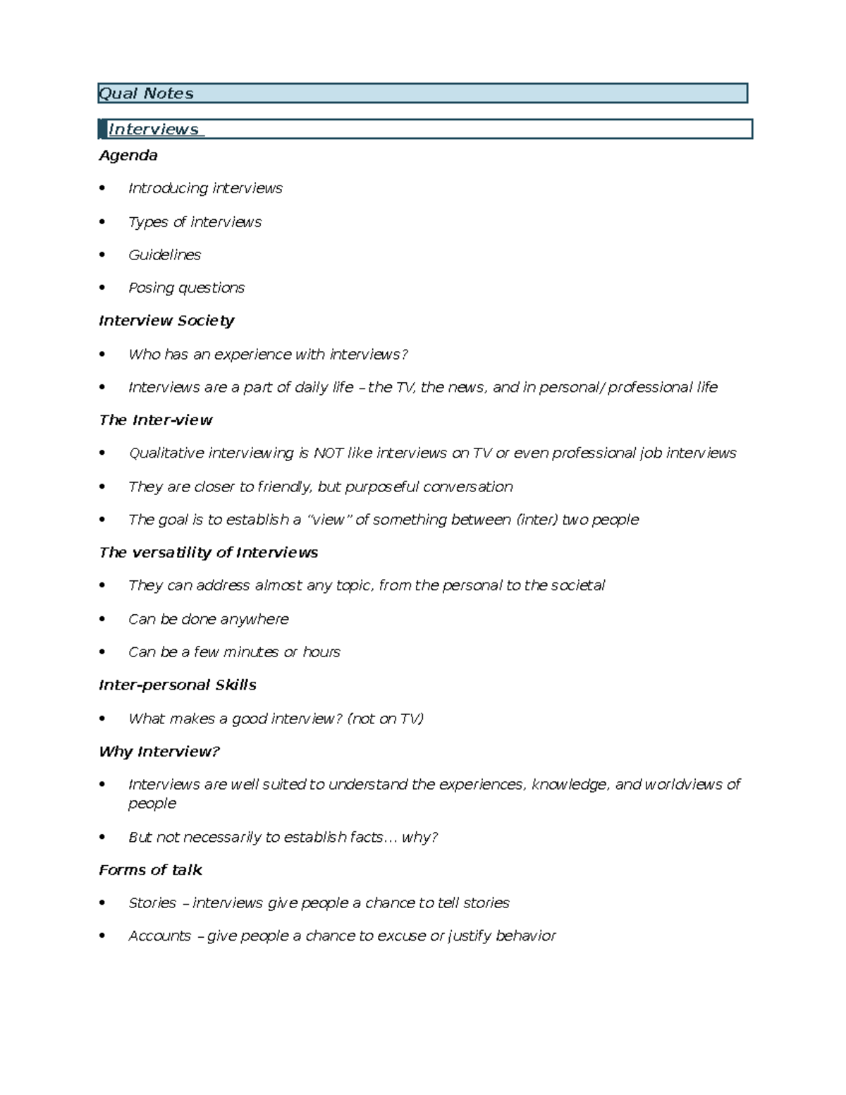 Qual Research Notes - Qual Notes Interviews Agenda Introducing ...