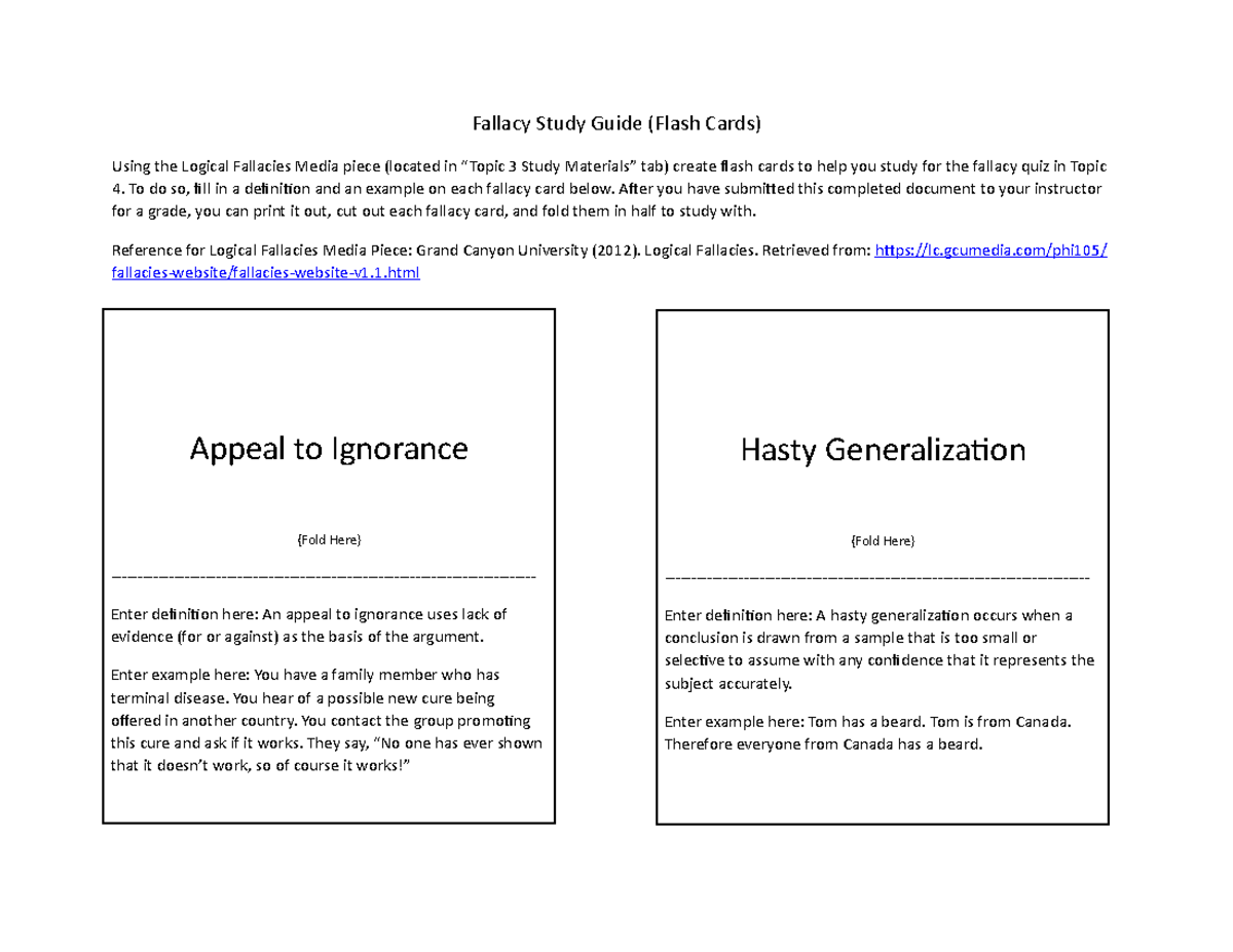 Study guide (Flash cards) - Fallacy Study Guide (Flash Cards) Using the ...