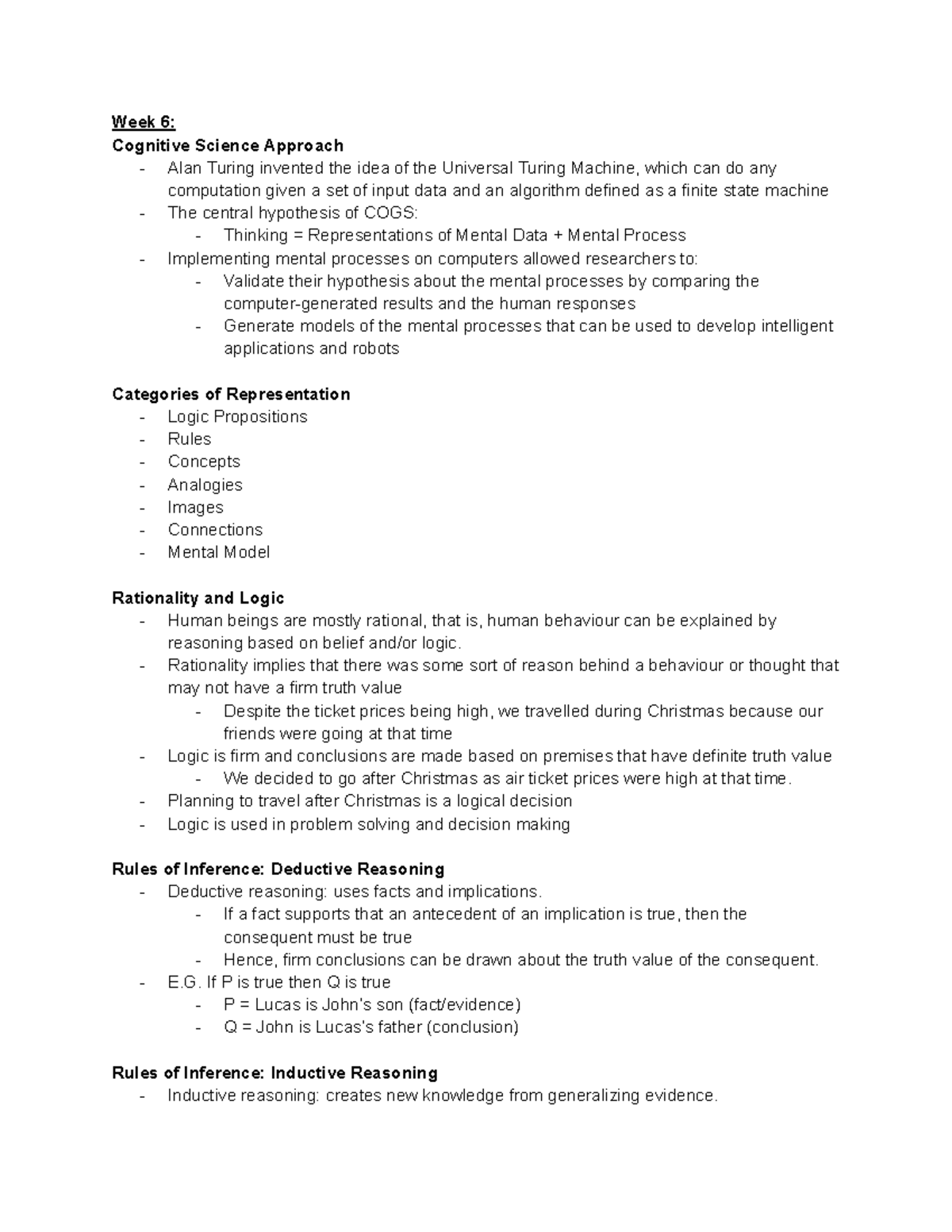 COGS100 Term 2 Review - Prof - Abbas - Week 6: Cognitive Science Approach - Alan Turing invented ...