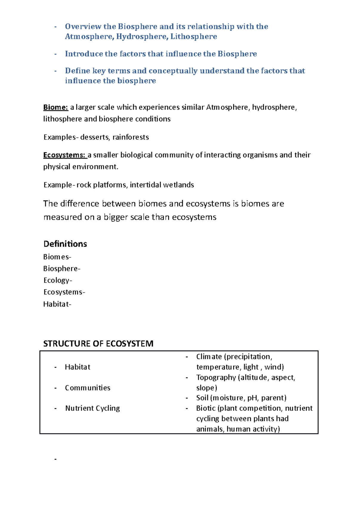 Biome - Ecosystem - Overview the Biosphere and its relationship with ...