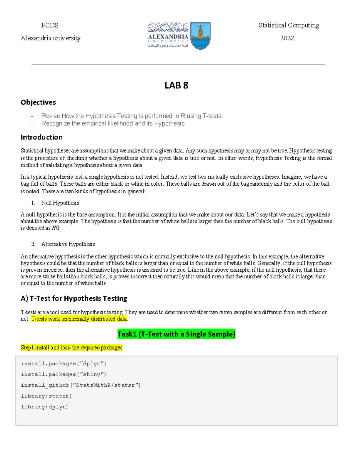 Lab 8 Revise How The Hypothesis Testing Is Performed In R Using T