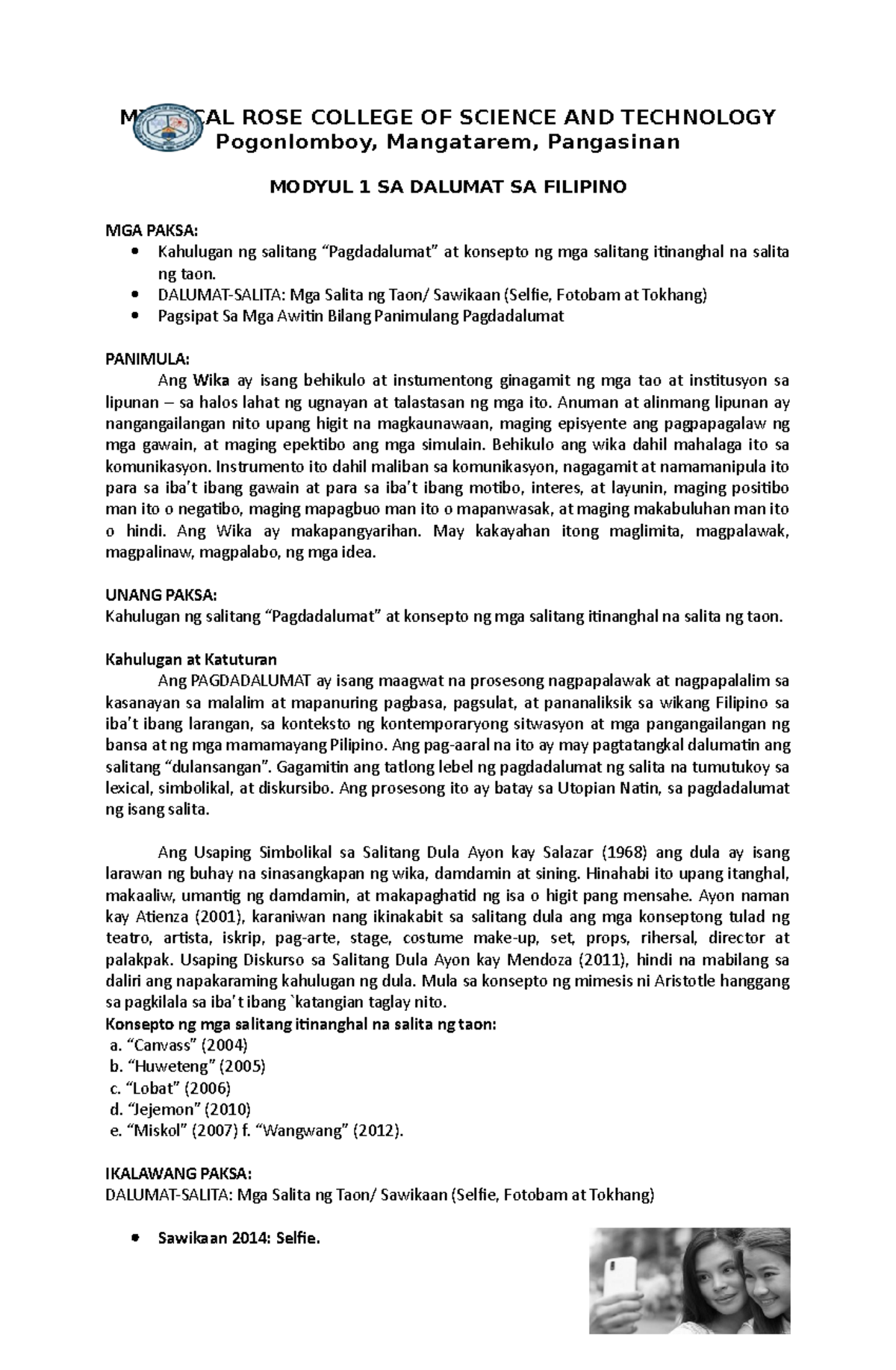 Module-1 BSED-2B Dalumat-sa-Filipino - MYSTICAL ROSE COLLEGE OF SCIENCE AND TECHNOLOGY ...
