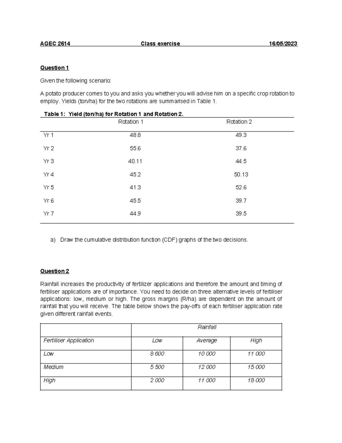 CDF - practice material - AGEC 2614 Class exercise 16/05/ Question 1 ...