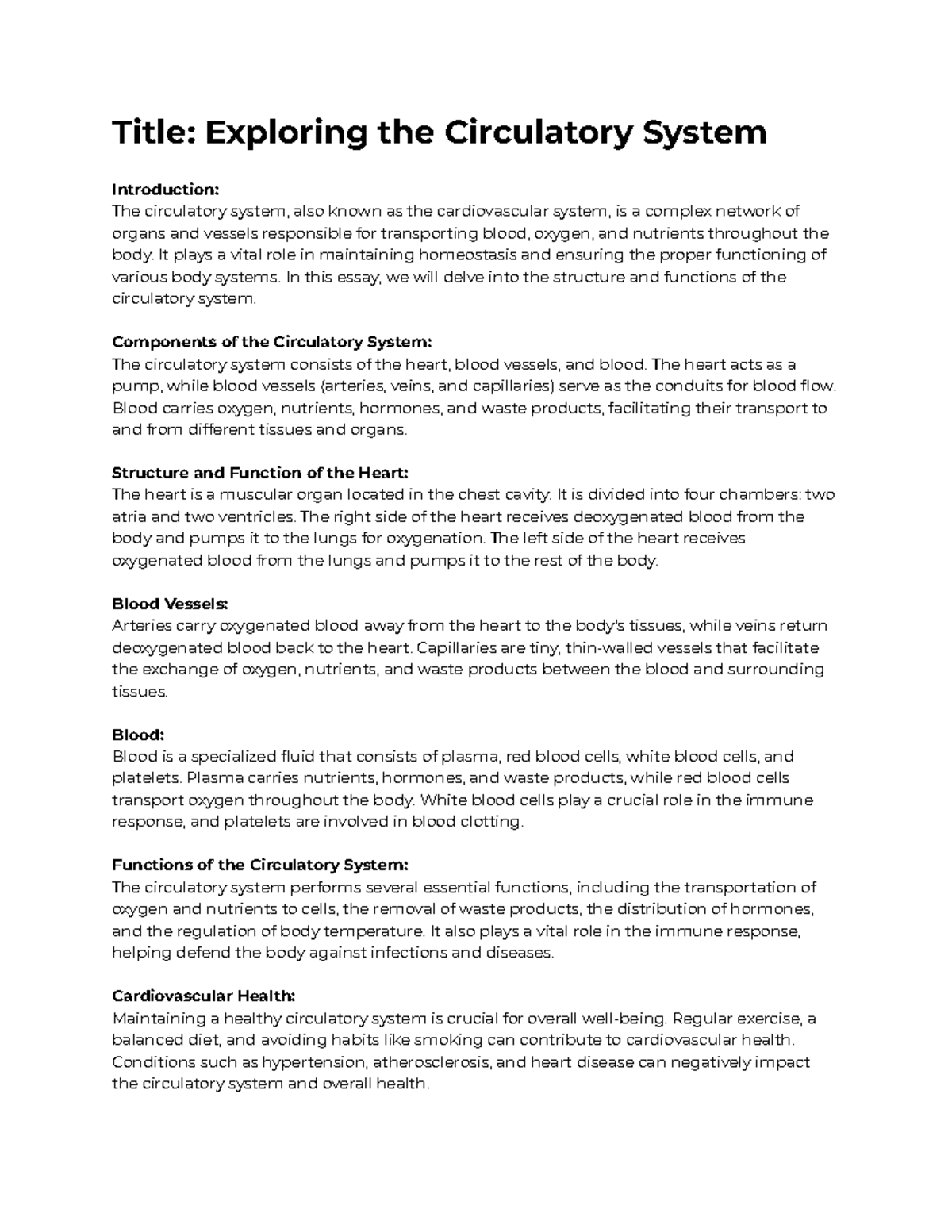 Circulatory System - Title: Exploring the Circulatory System ...