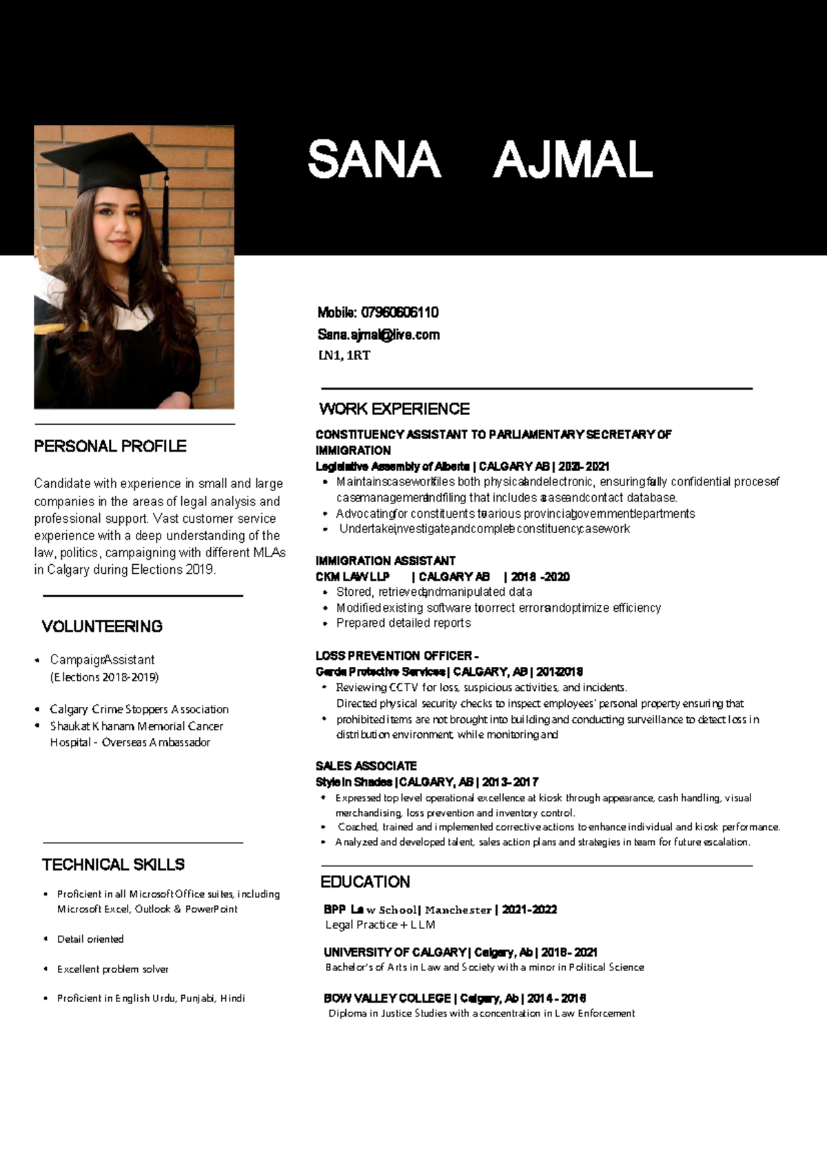 New resume 2022 pdf 1 - Abcdef - SANA AJMAL Mobile: 07960606110 Sana@live LN1, 1RT WORK ...