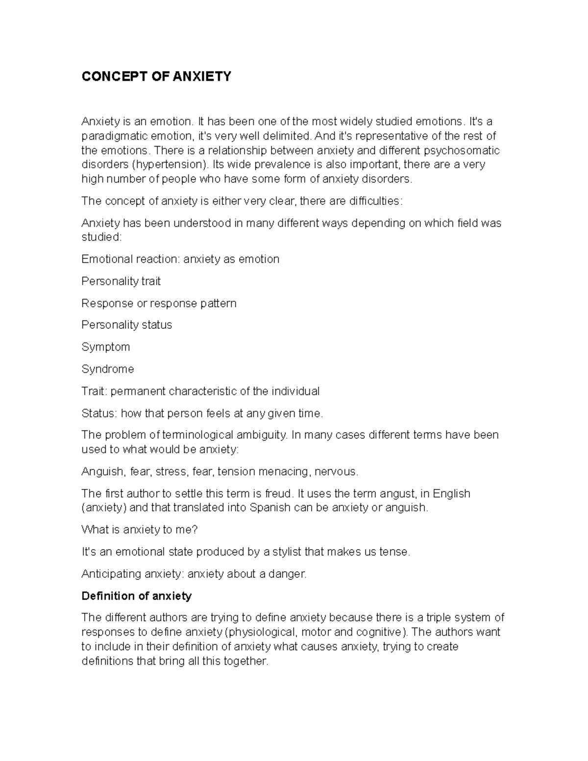 Concept OF Anxiety - CONCEPT OF ANXIETY Anxiety is an emotion. It has ...