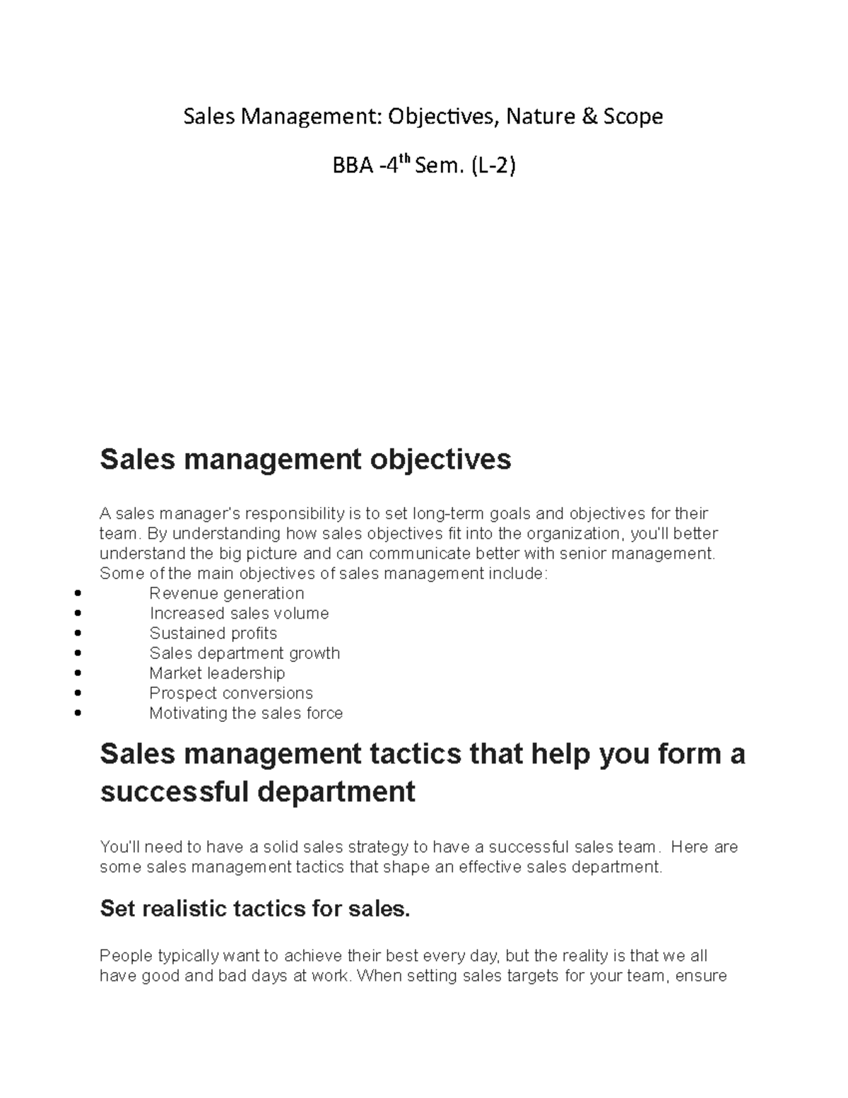 L-2 - Lecture notes unit - 1 - Sales Management: Objectives, Nature ...