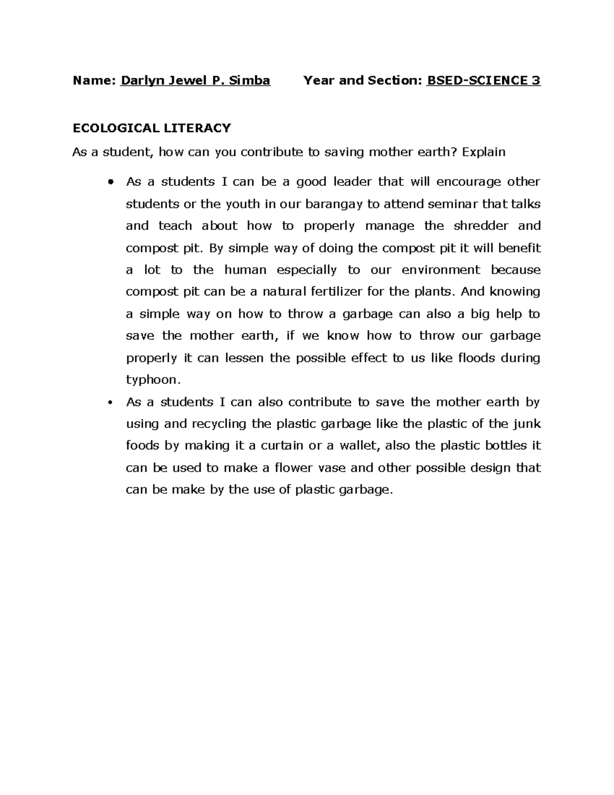 Ecological literacy - this is all about ecology - Name: Darlyn Jewel P ...