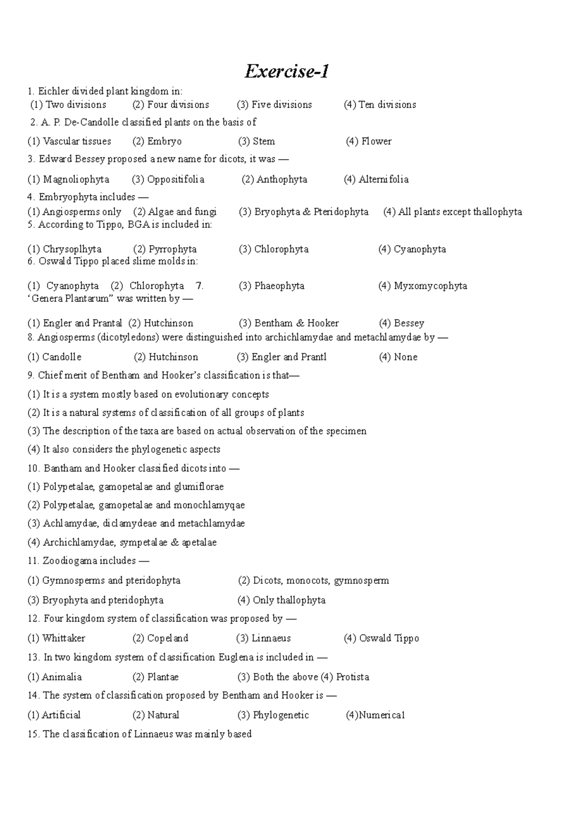 Biological Classification Exercise Reviewer - Exercise- Eichler divided ...