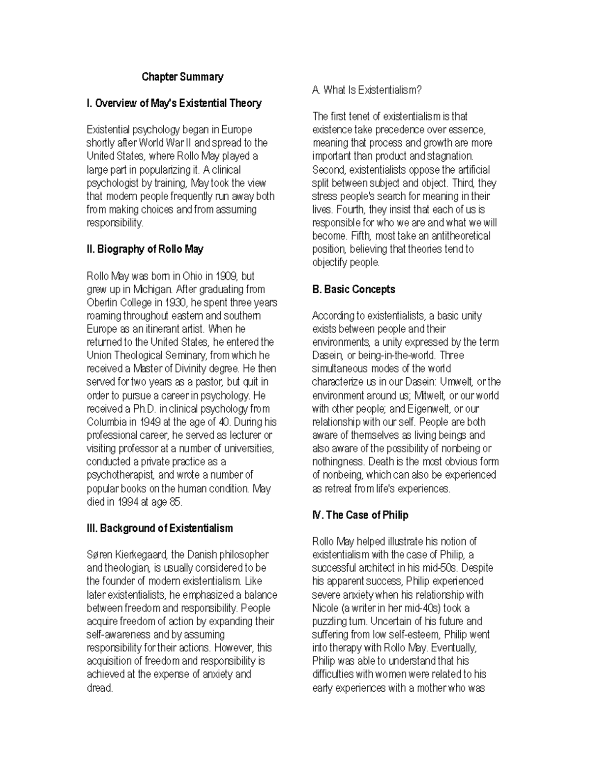 Rollo Mays Existential Theory - Chapter Summary I. Overview of May's ...