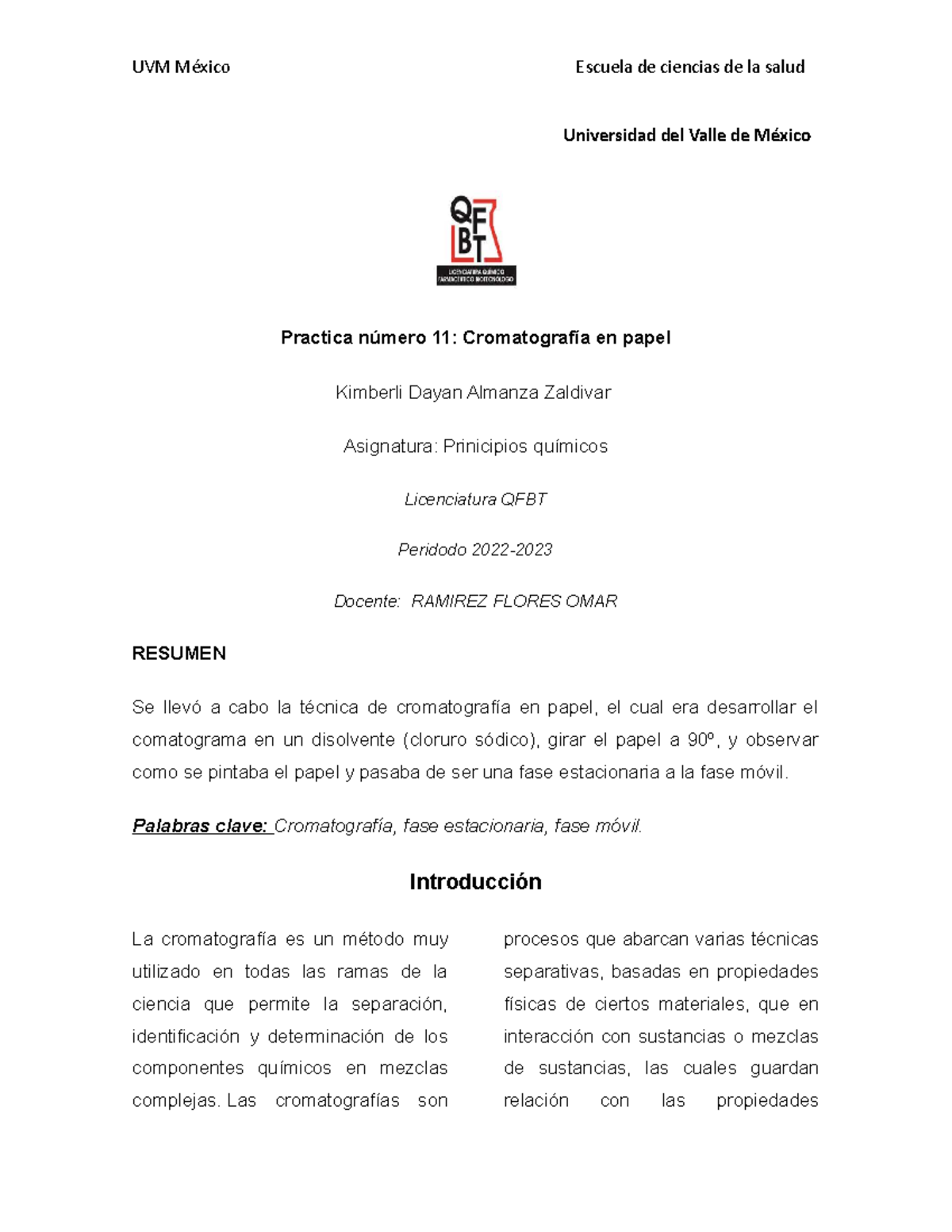 Practica 11 kim - Cromatografía en papel - Universidad del Valle de México Practica número 11 ...