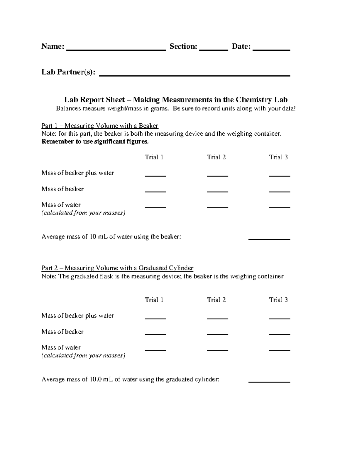 Experiment 2 Laboratory Report - Name: Section: Date: Lab Partner(s ...