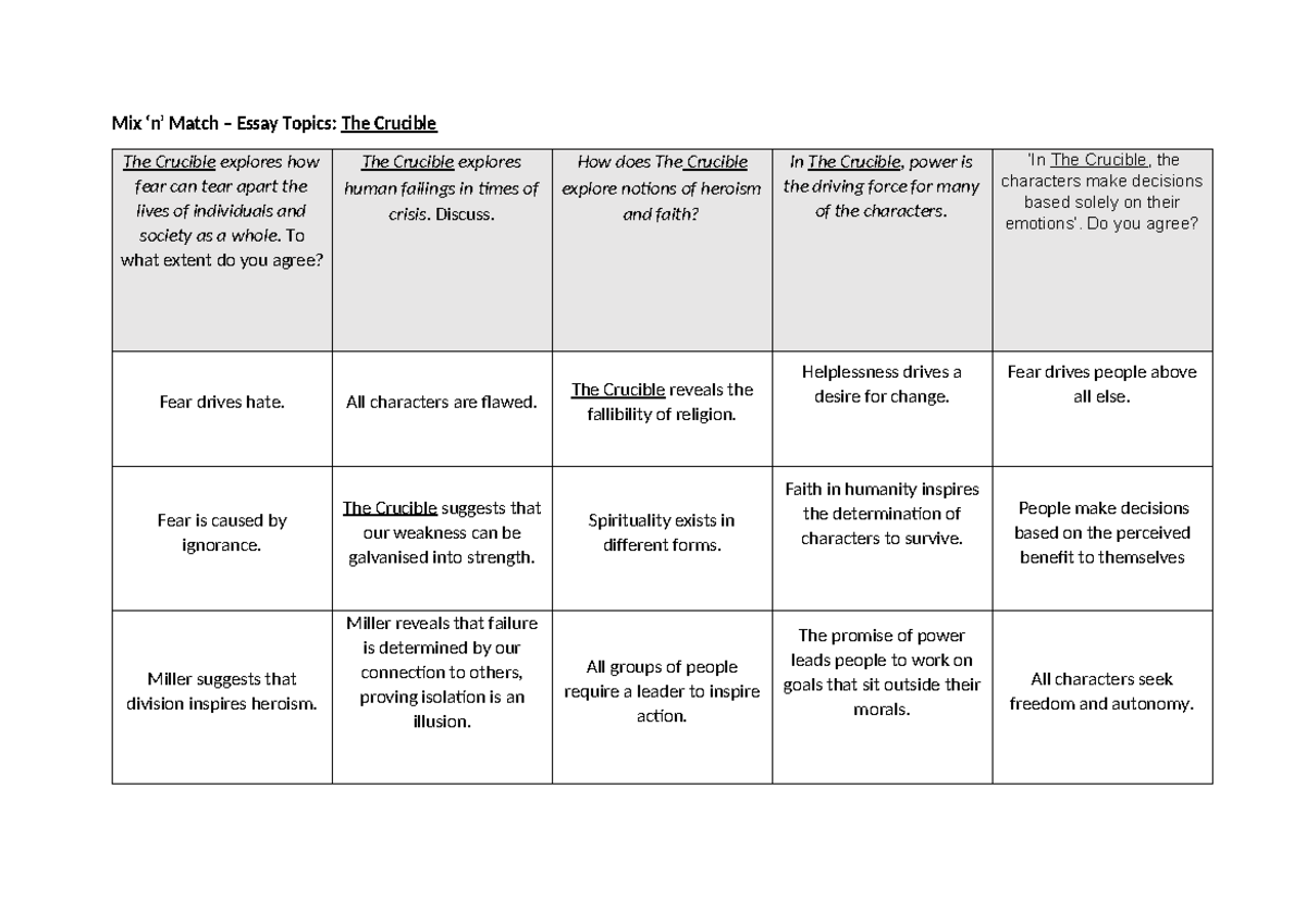 13a. Arguments and Ideas Mix n Match - Answers - Mix ‘n’ Match – Essay ...