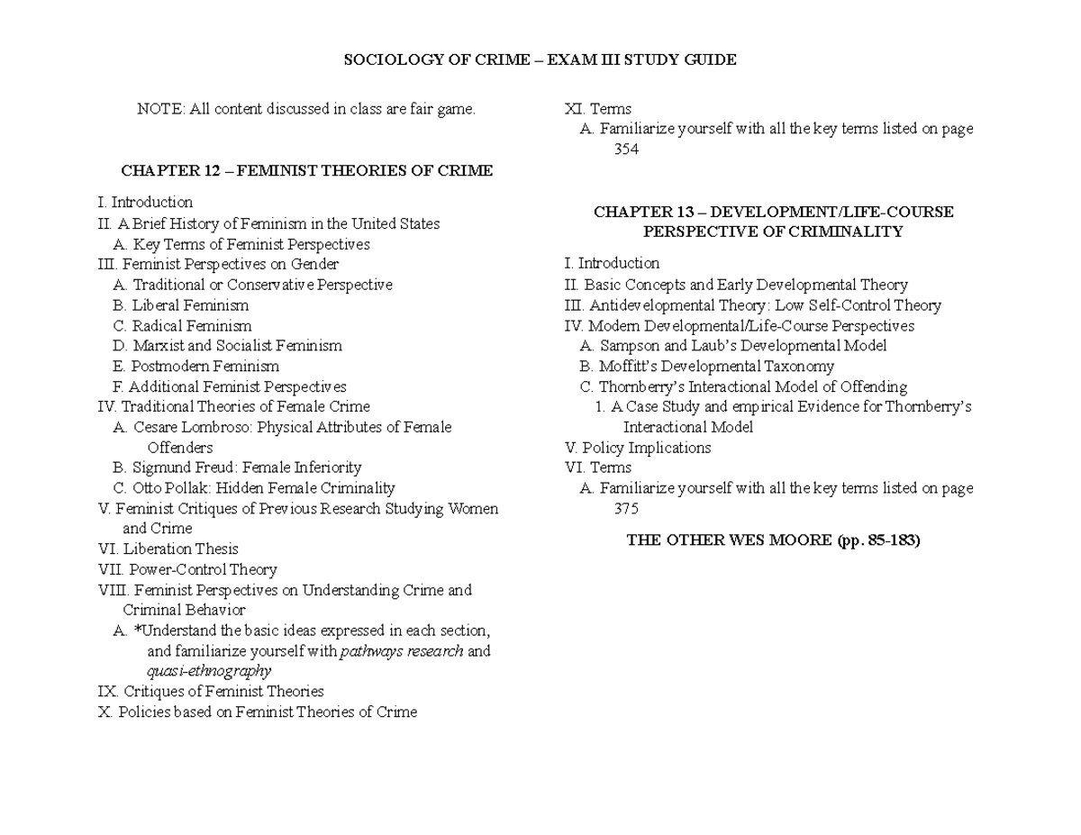 Exam III - Study Guide - Summary Sociology of Crime - SOCIOLOGY OF ...
