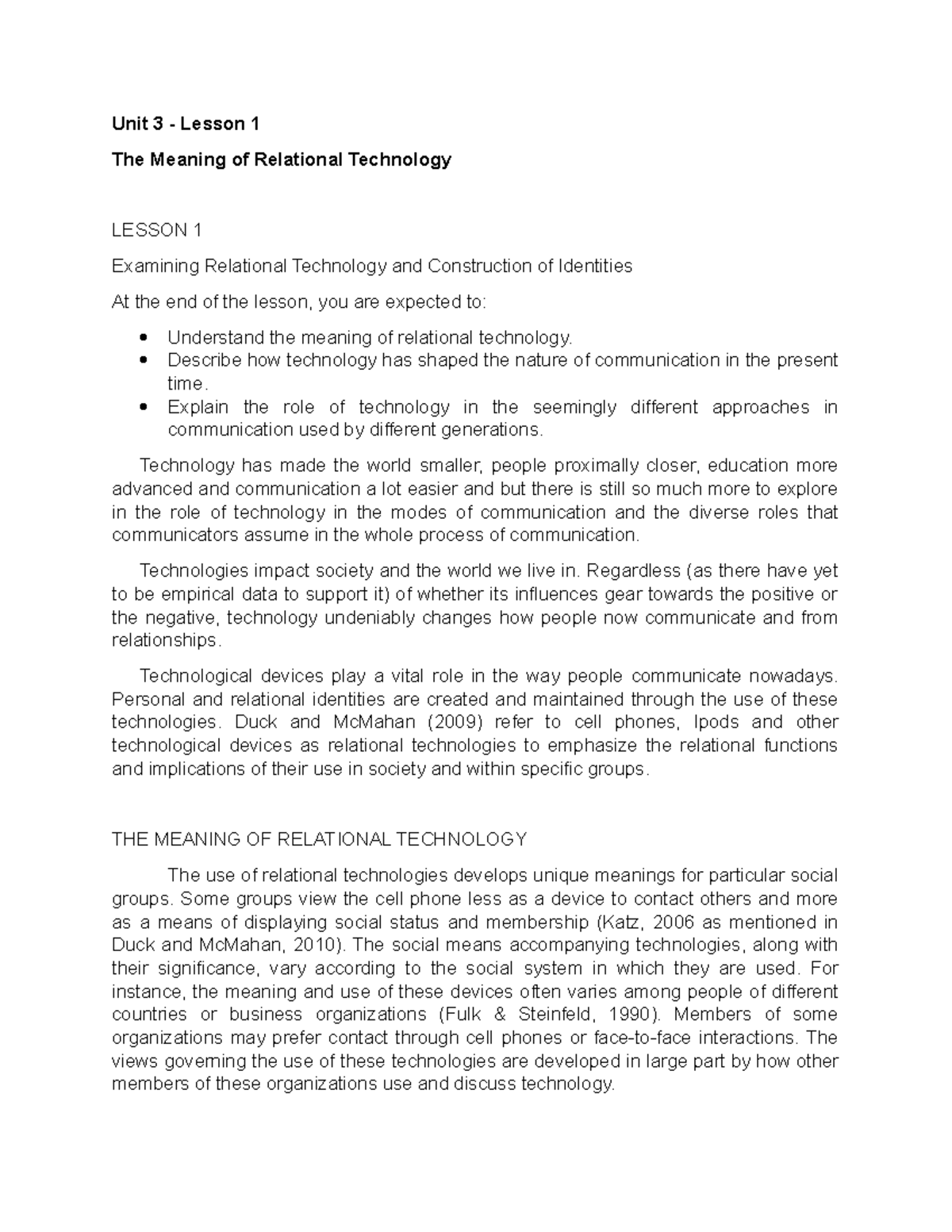 The Meaning of Relational Technology - Unit 3 - Lesson 1 The Meaning of Relational Technology ...