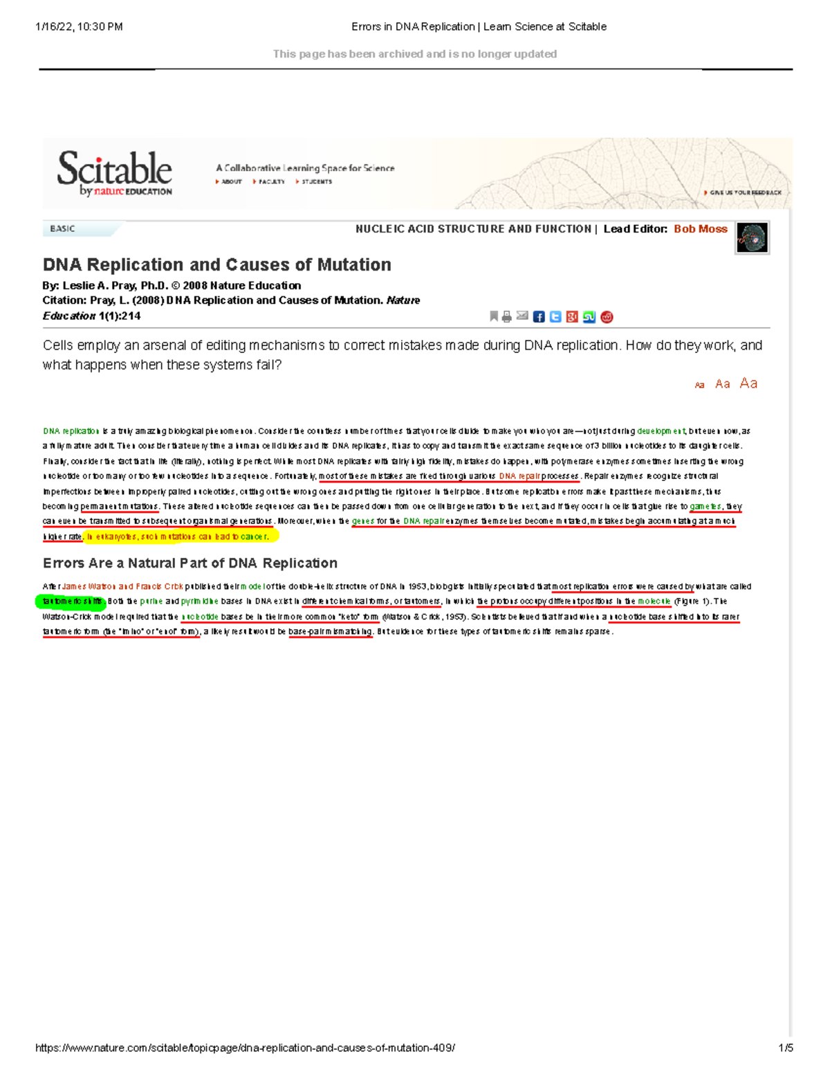 Module 1 (Reading) - DNA Replication and Causes of Mutation - Andrew ...