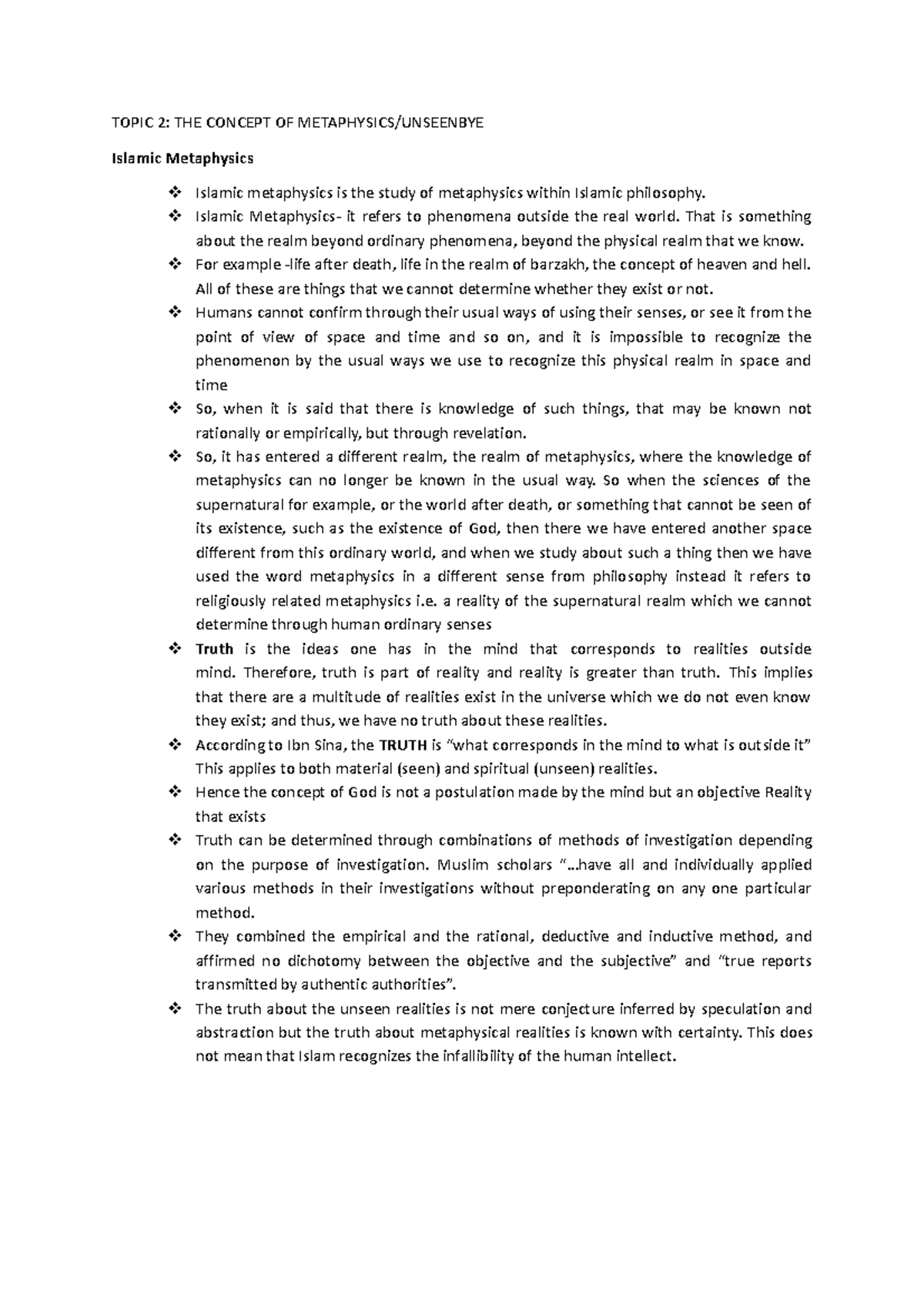 Topic 2 ISB539 - Notes for Islamic Theology - TOPIC 2: THE CONCEPT OF ...