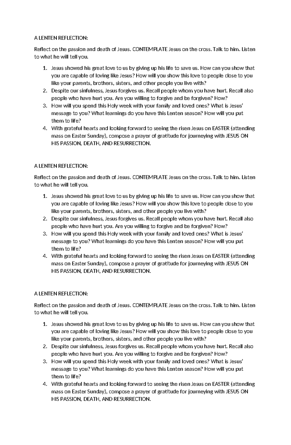 A- Lenten- Reflection - Activity - A LENTEN REFLECTION: Reflect on the ...