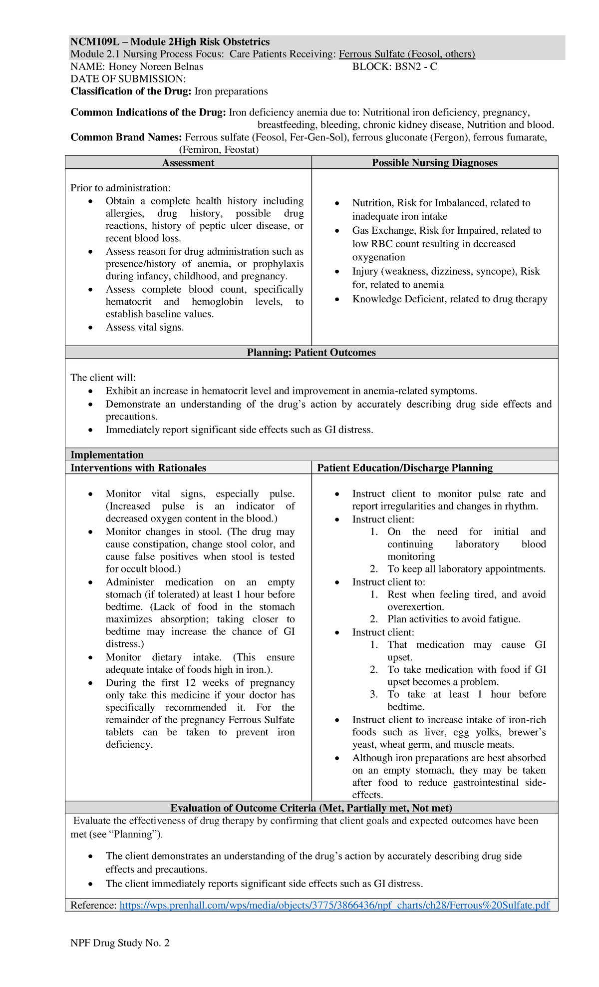 Drug study Ferrous Sulfate - NCM109L – Module 2High Risk Obstetrics ...
