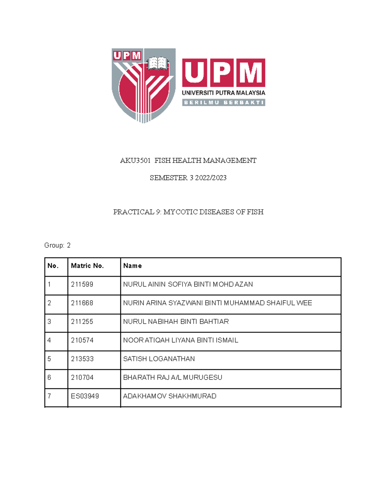 LAB REPORT 9 AKU 3501 - AKU3501 FISH HEALTH MANAGEMENT SEMESTER 3 2022 ...