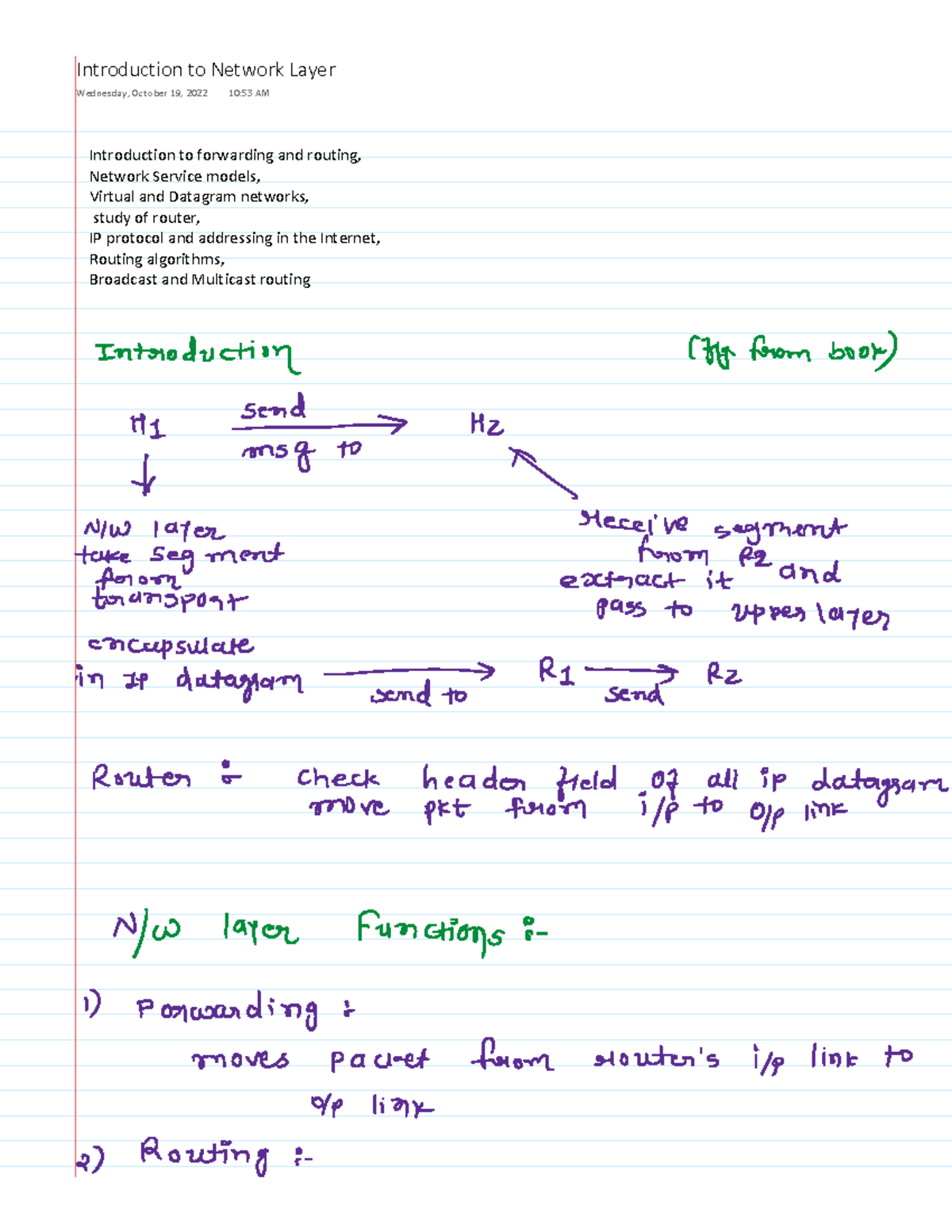 Unit 4 One Note - nothing - Introduction to forwarding and routing, Network Service models ...