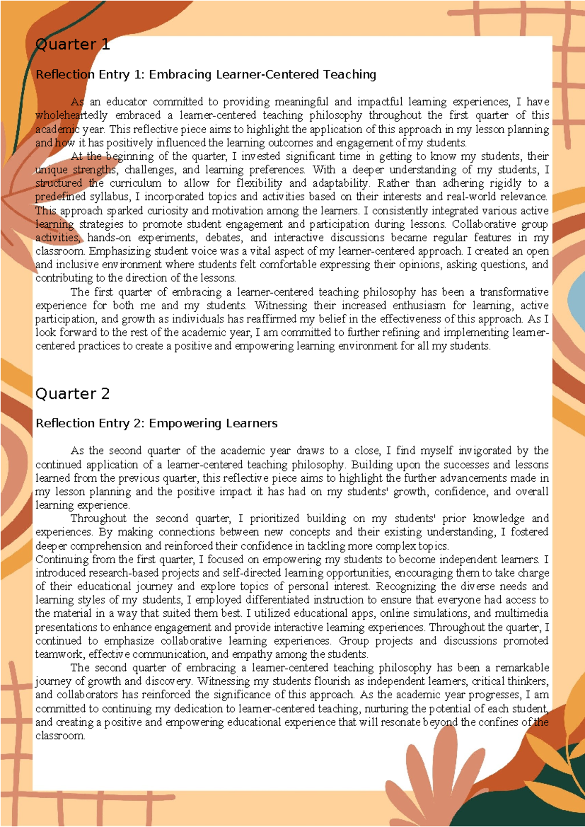Teaching Philosophy - Use to study - Quarter 1 Reflection Entry 1 ...
