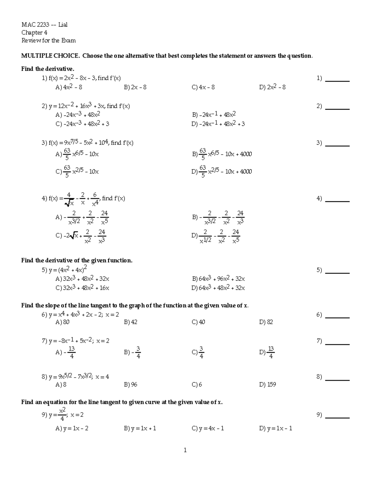 Mac2233 ch4 Review for the test MC - MAC 2233 Lial Chapter 4 Review for ...