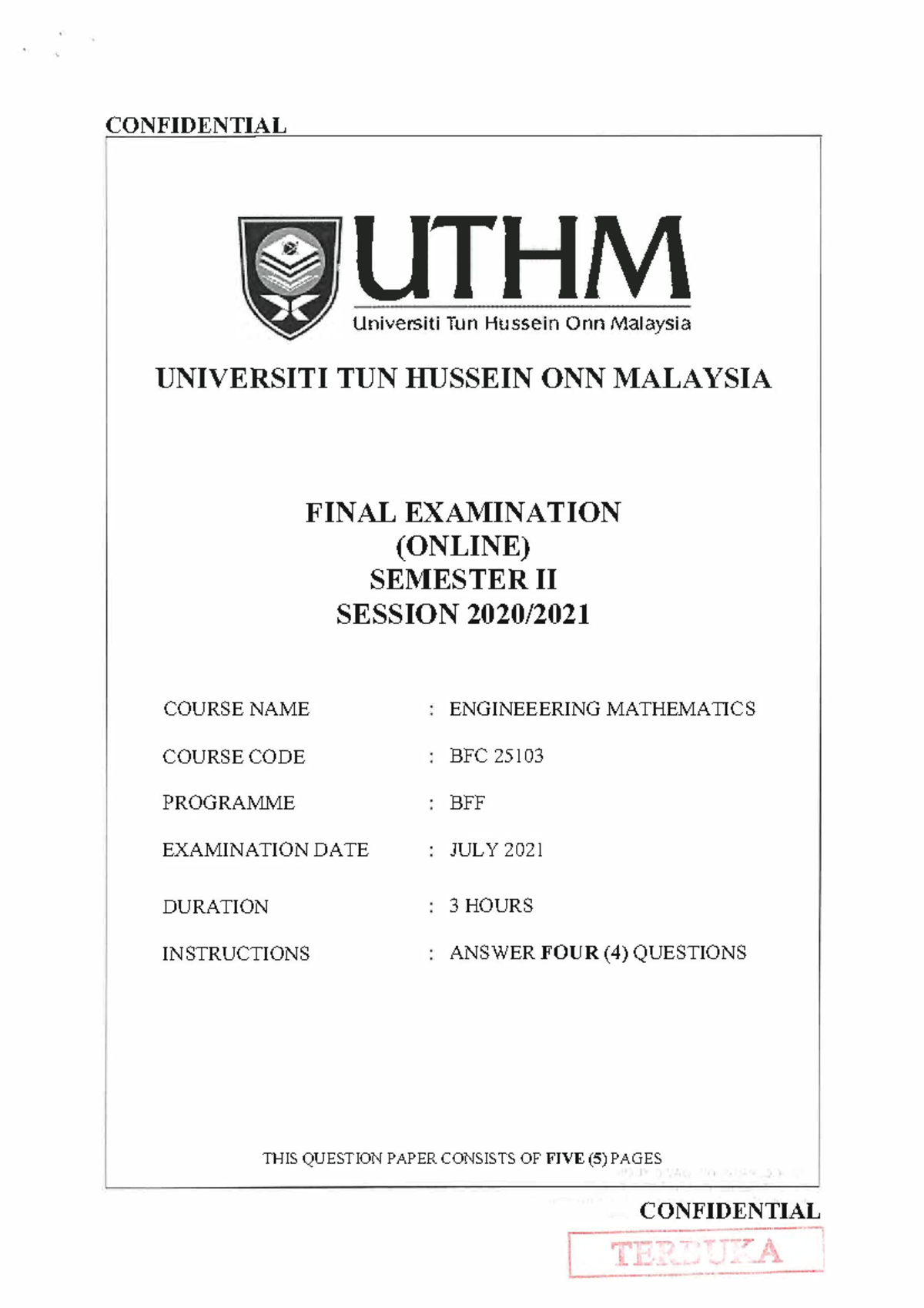 Engineeering Mathematics BFC 25103 - Engineering Math - CONFIDENTIAL ...