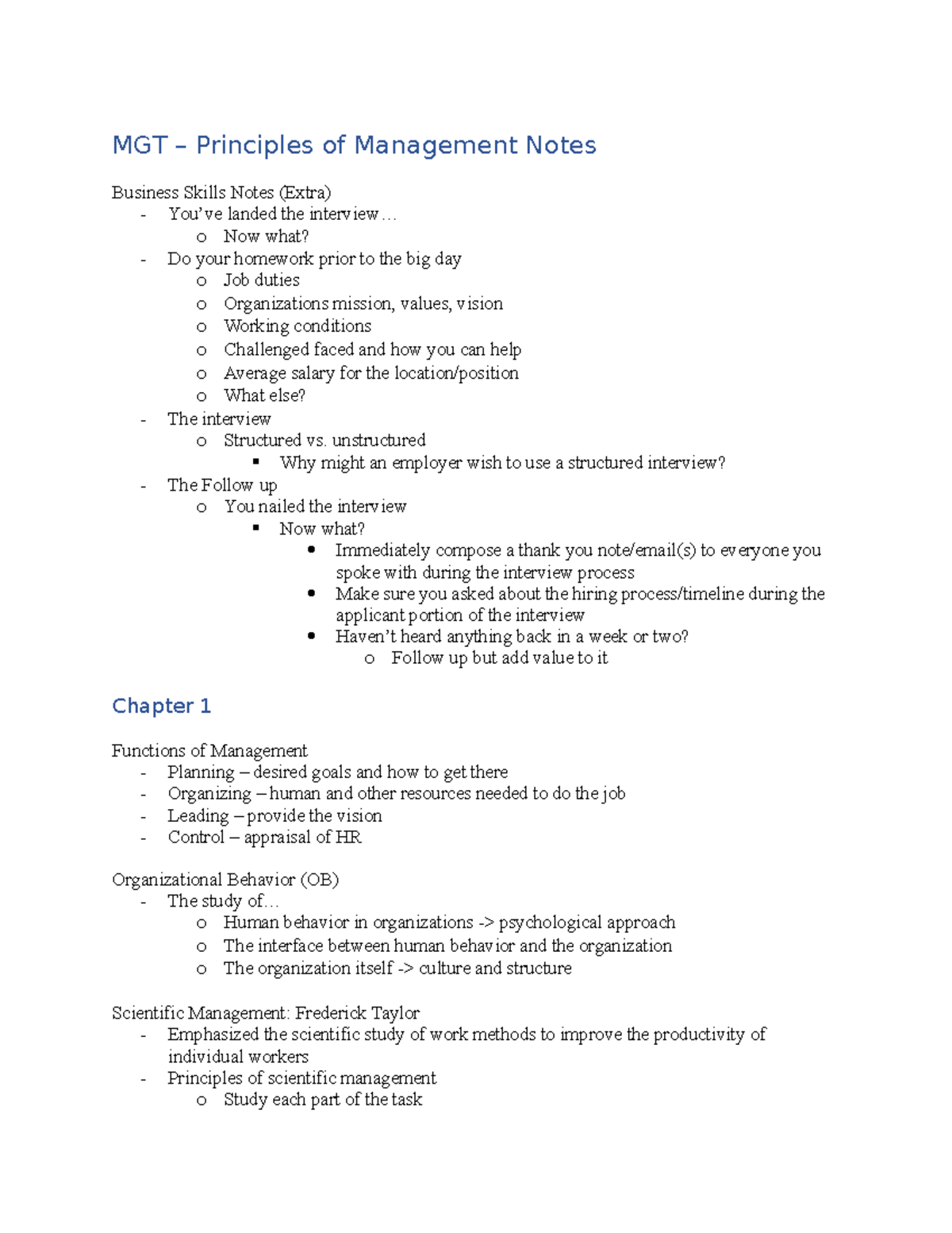 MGT Chapter 1-3 Notes - MGT – Principles of Management Notes Business ...