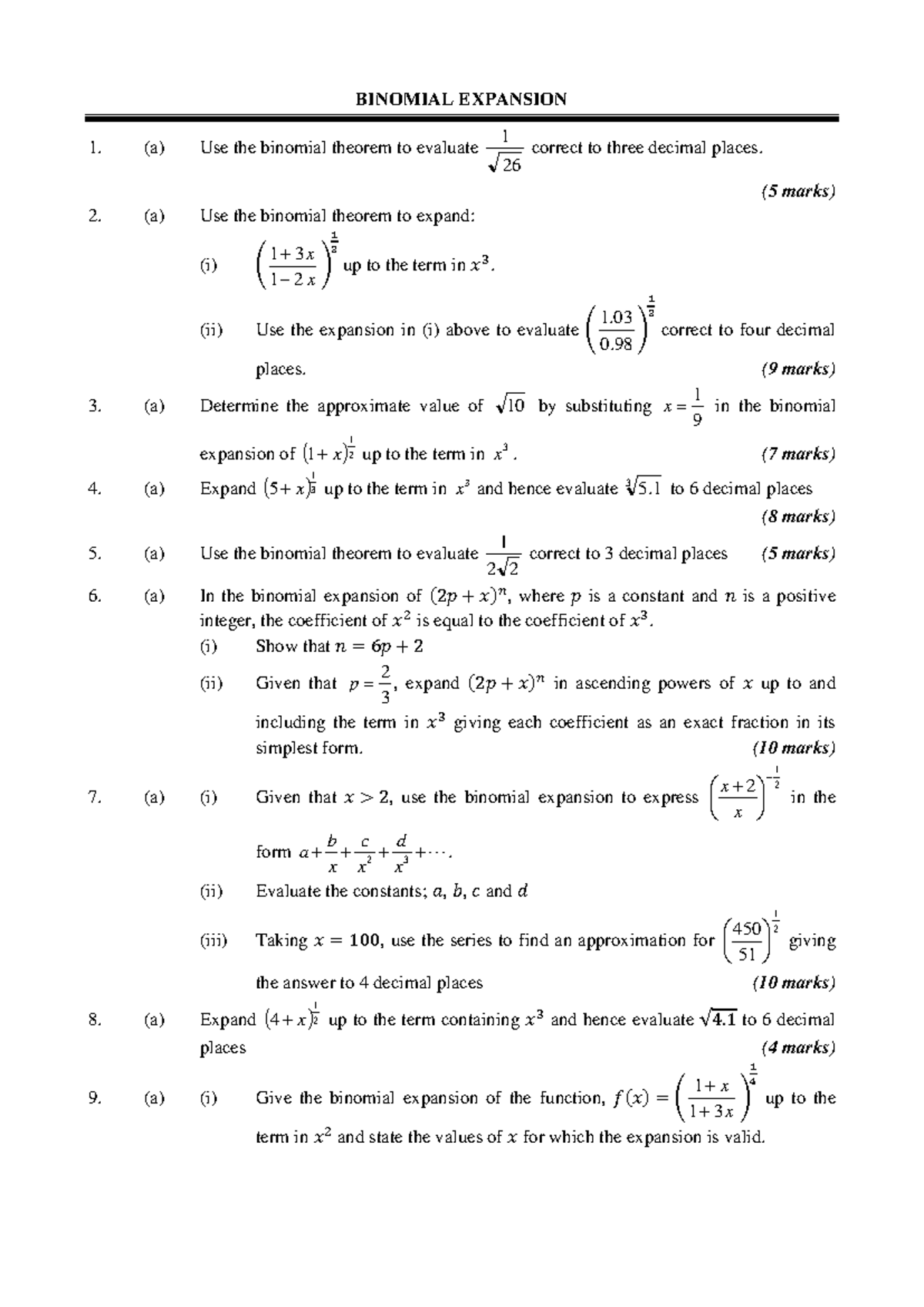 Binomial Expansion - BINOMIAL EXPANSION (a) Use the binomial theorem to evaluate 26 1 correct to ...