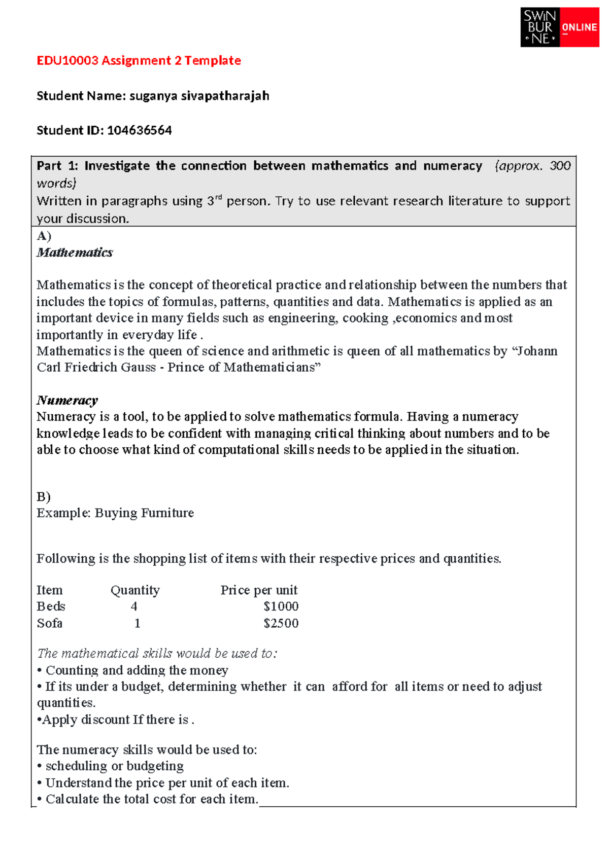 EDU10003 Assignment 2 Reflection Template V1 2-1 - EDU10003 Assignment 2 Template Student Name ...