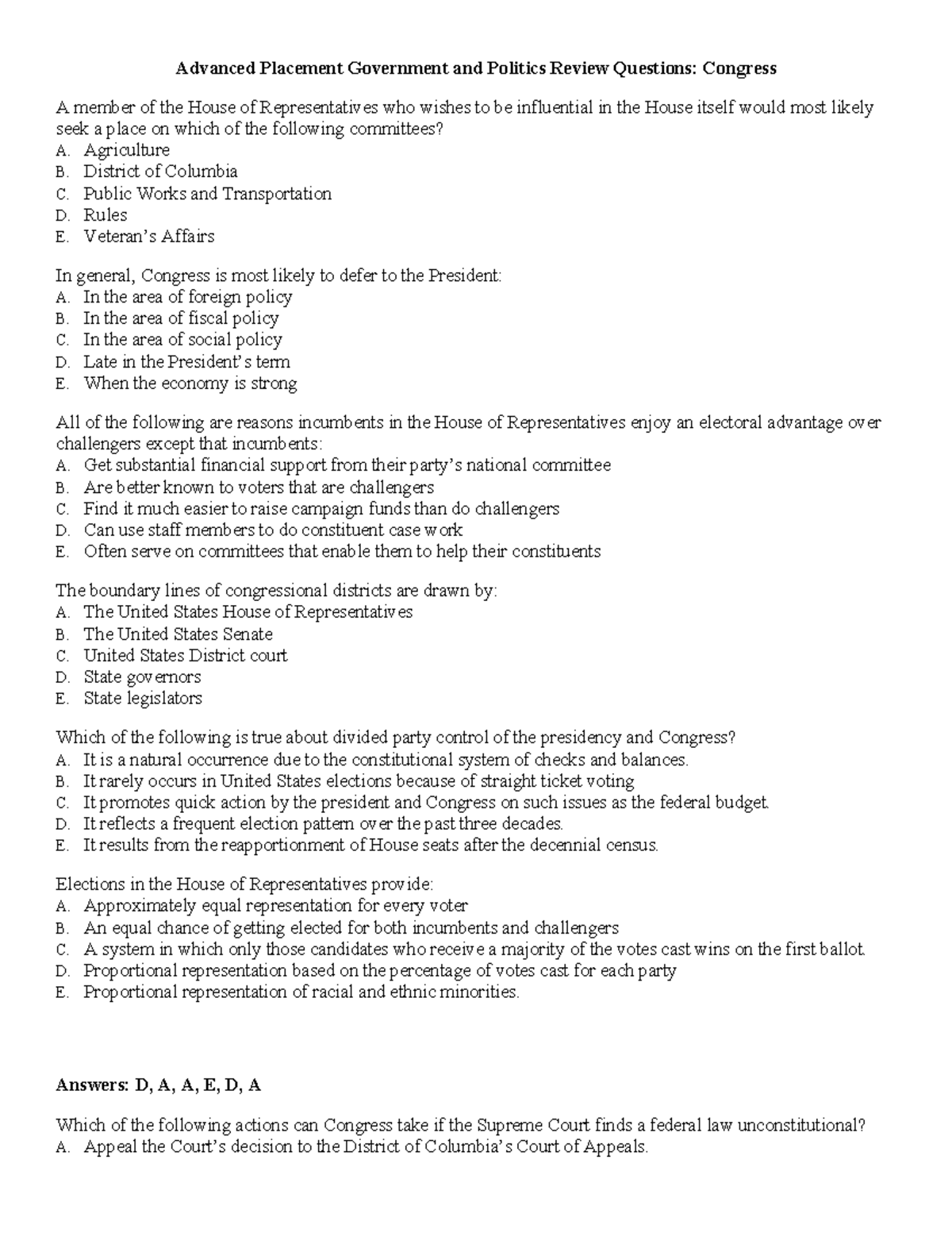 Congress MCQ Unit 2 - Advanced Placement Government and Politics Review ...
