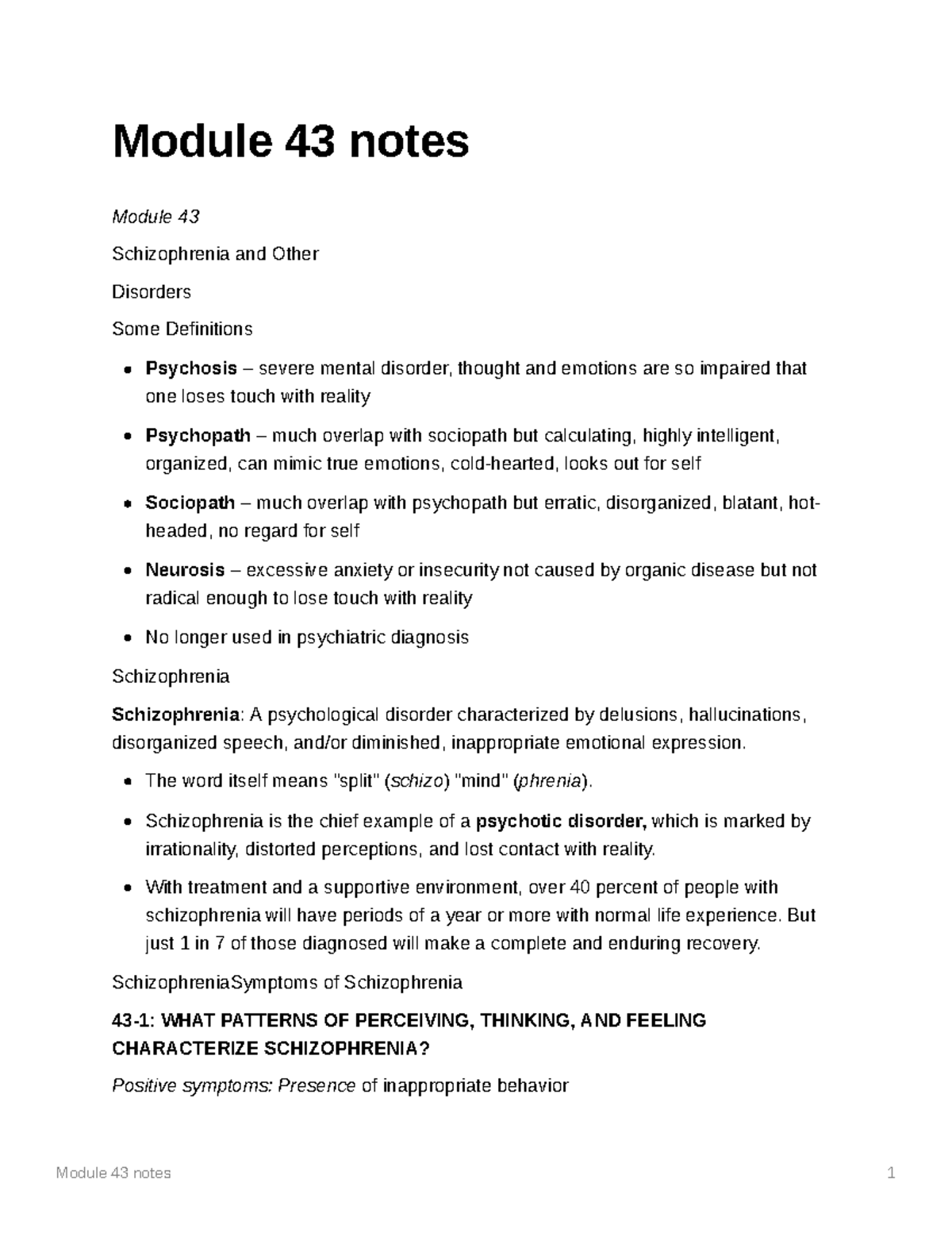 Module 43 notes - Module 43 notes Module 43 Schizophrenia and Other ...