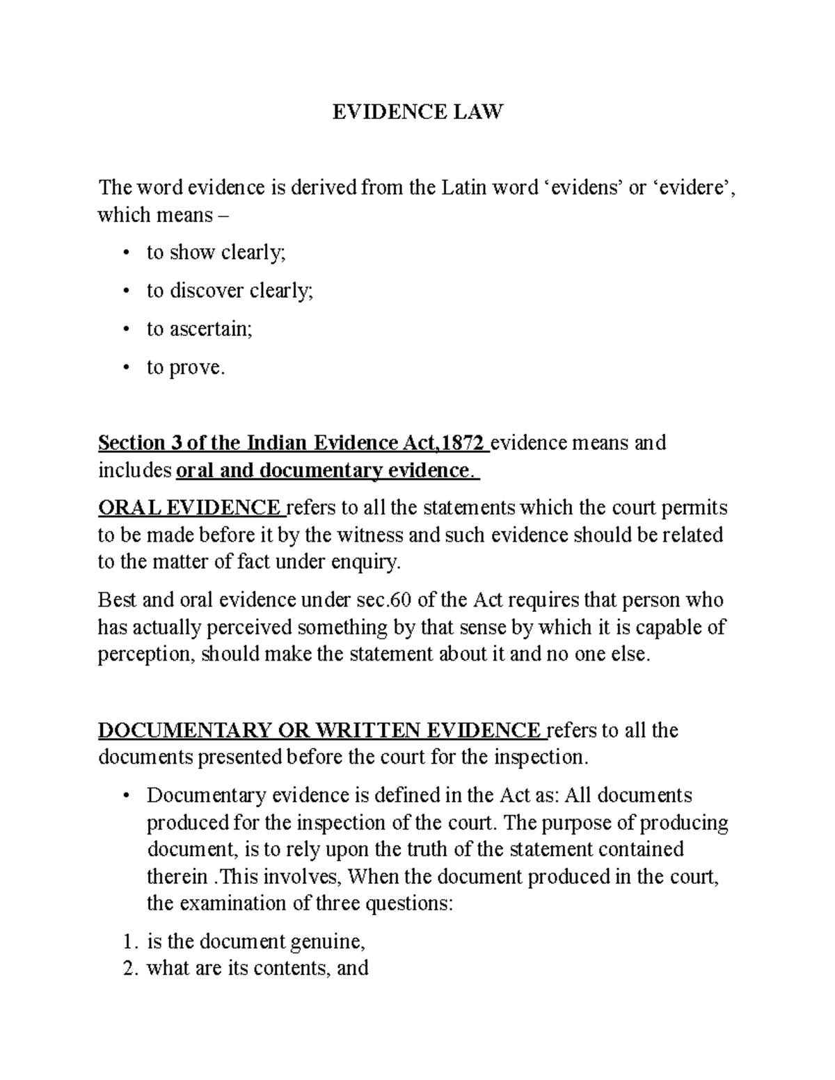 Evidence Law Notes - ada - EVIDENCE LAW The word evidence is derived ...