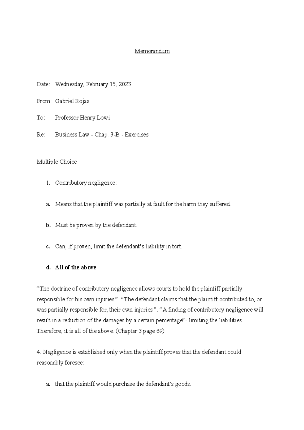 Memorandum - Memo questions and answers - Memorandum Date: Wednesday ...