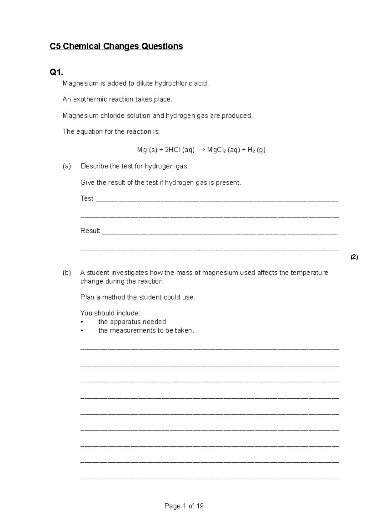 C5Chemical Changes Practice Qs - C5 Chemical Changes Questions Q1 ...