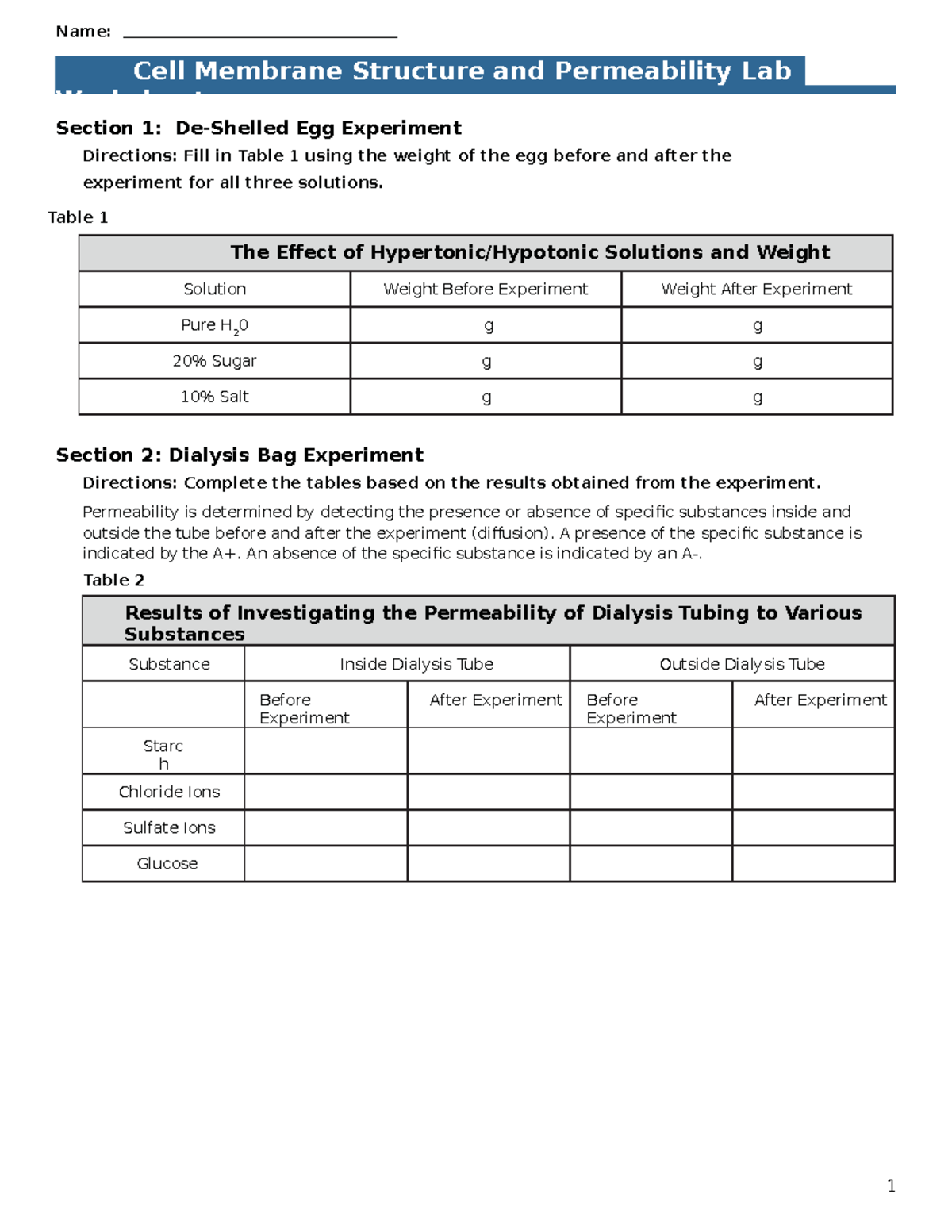 Bio181-04 - Scientiic Method Lab Worksheet Name: Cell Membrane ...