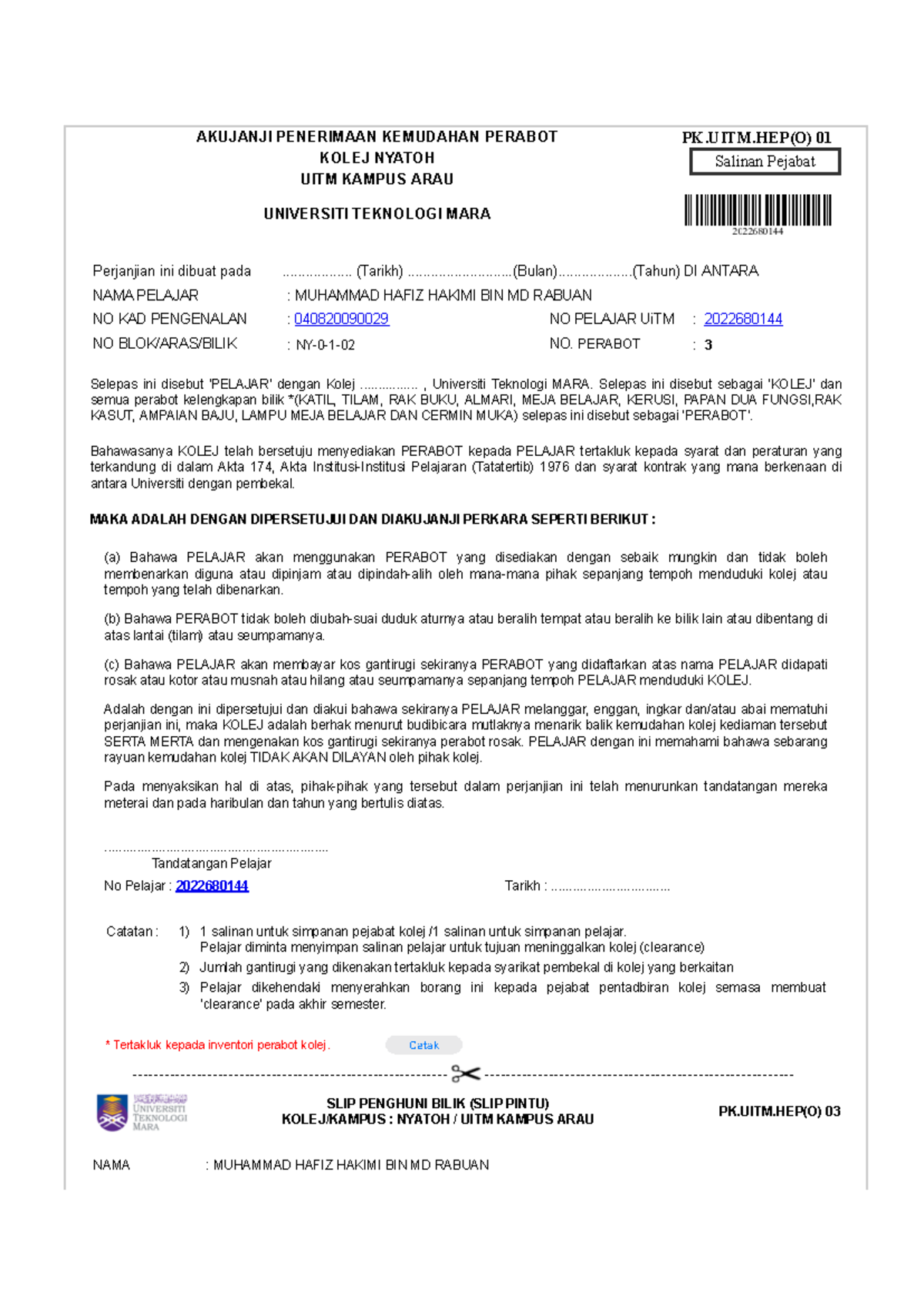 Akur janji - SLIP - AKUJANJI PENERIMAAN KEMUDAHAN PERABOT PK.UITM(O) 01 KOLEJ NYATOH Salinan ...