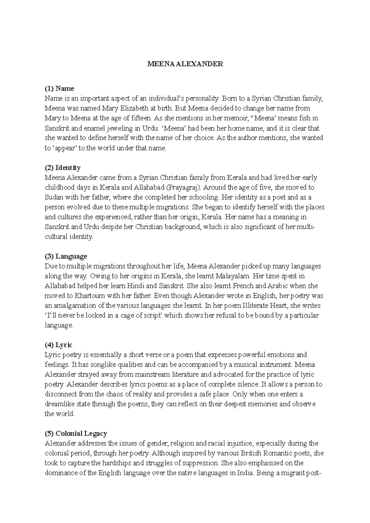 Meena Alexander - Notes - MEENA ALEXANDER (1) Name Name is an important ...