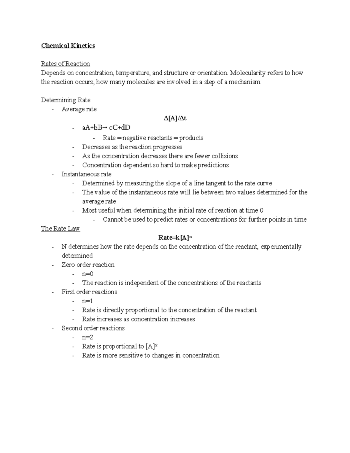 Chapter 14 Study Guide - Chemical Kinetics Rates of Reaction Depends on ...