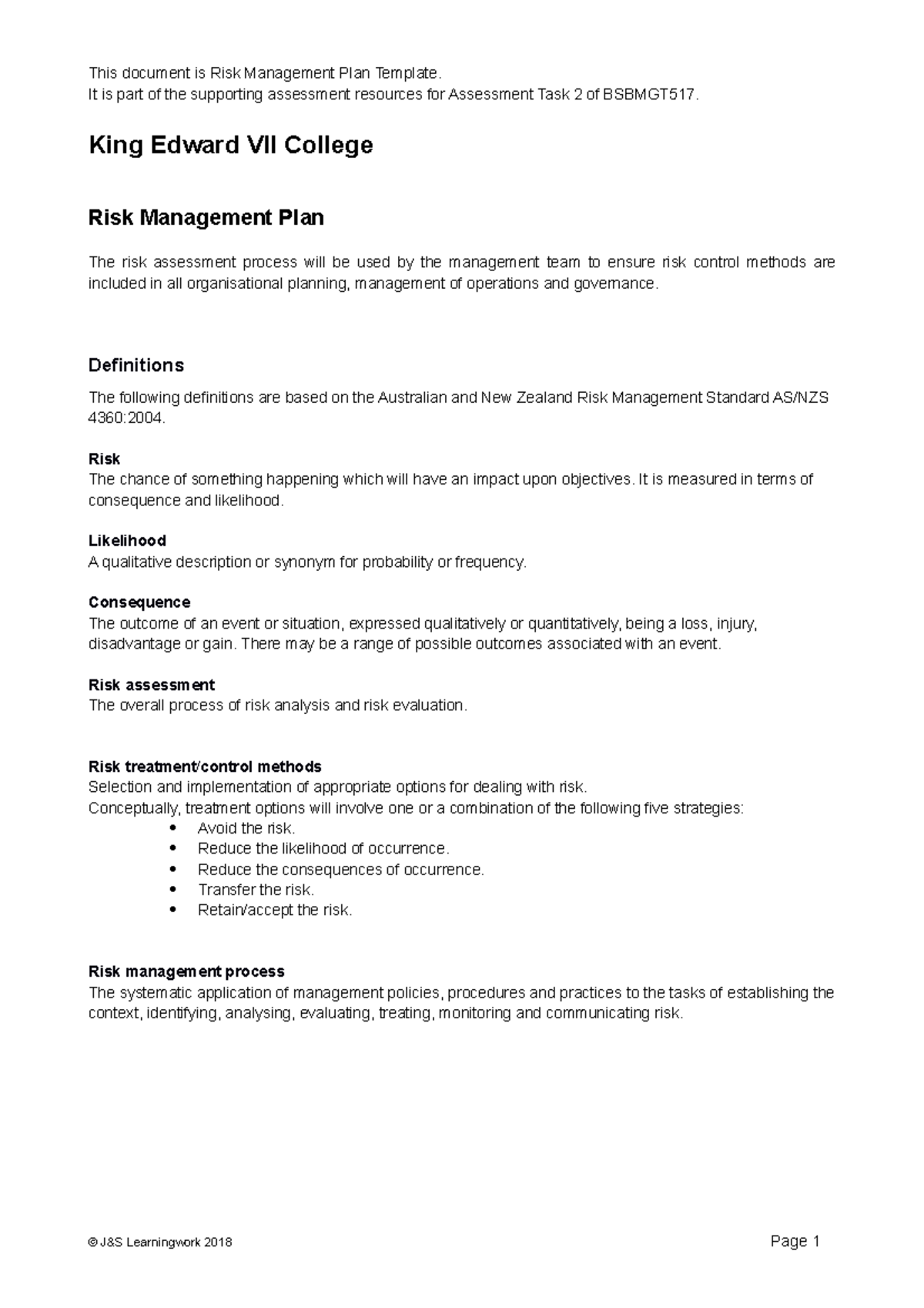 Risk Management Plan Template.docx - It is part of the supporting ...
