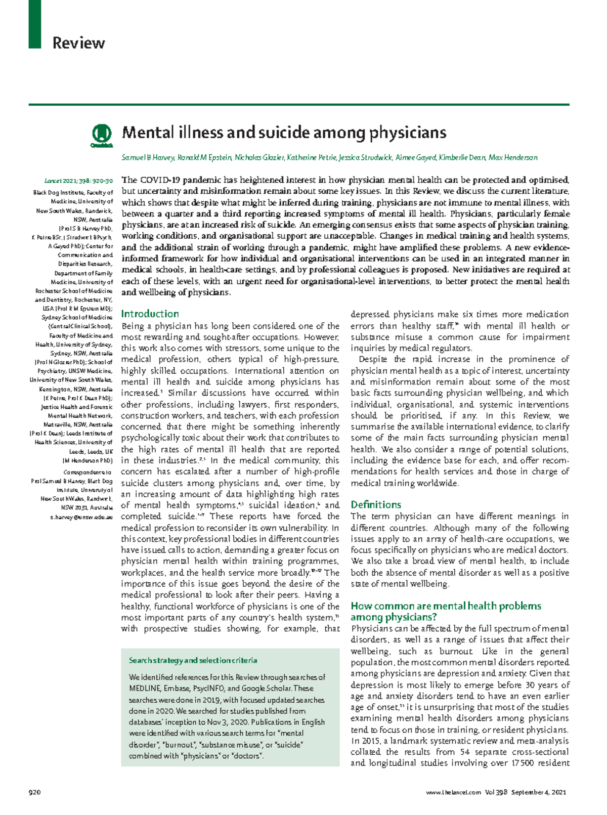 PIIS0140673621015968 - Mental illness and suicide among physicians ...