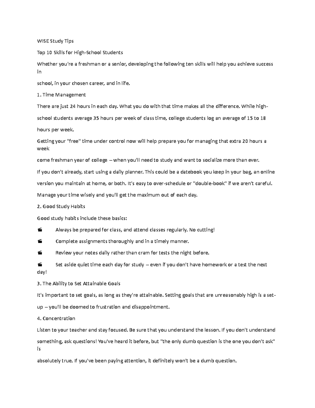 WISE Study Tips - WISE Study Tips Top 10 Skills for High-School ...