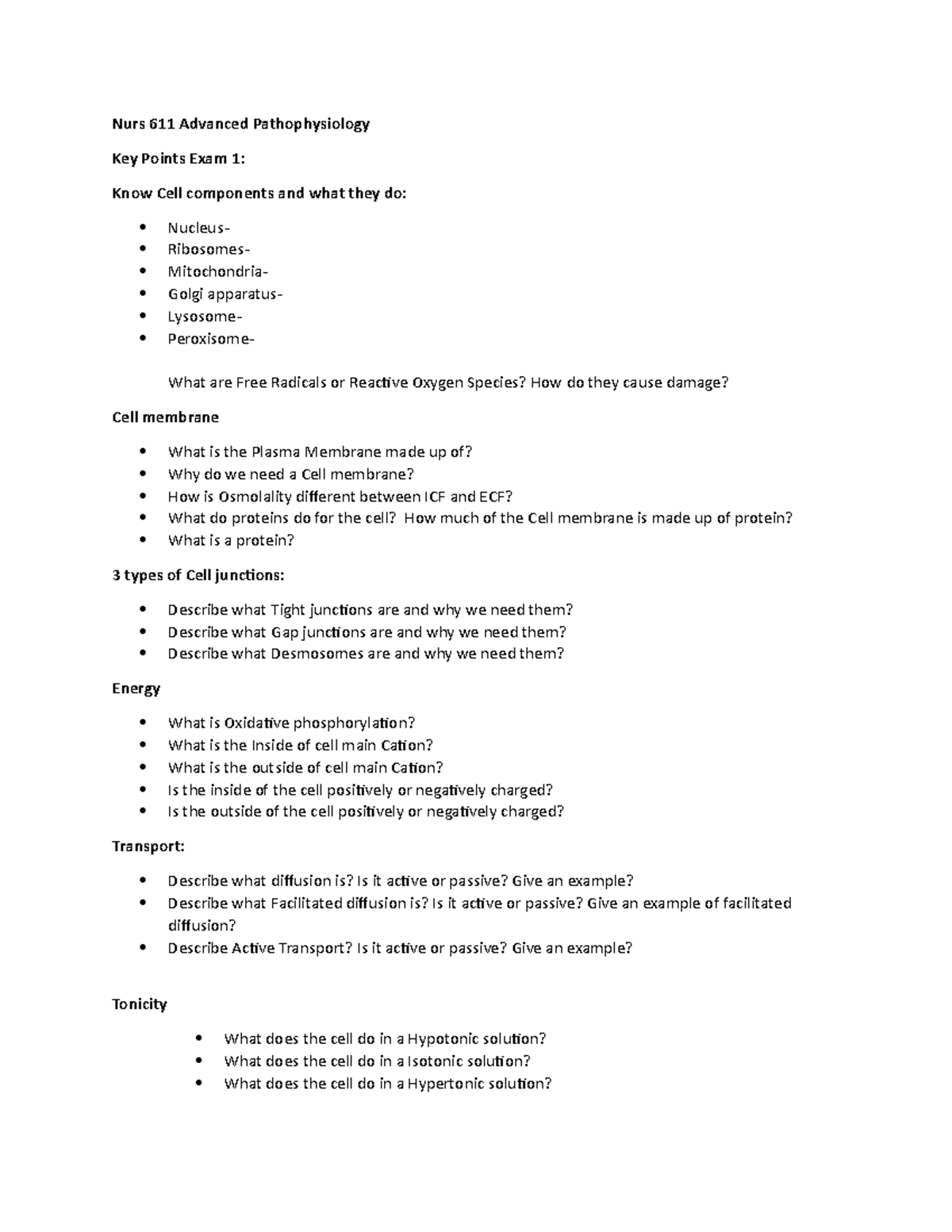 Exam 1 Key Points - Exam - Nurs 611 Advanced Pathophysiology Key Points Exam 1: Know Cell ...
