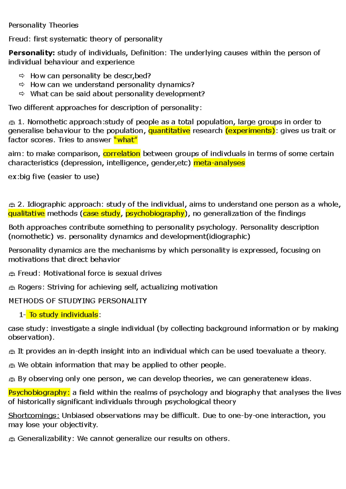 Personality theories midterm - Personality Theories Freud: first ...