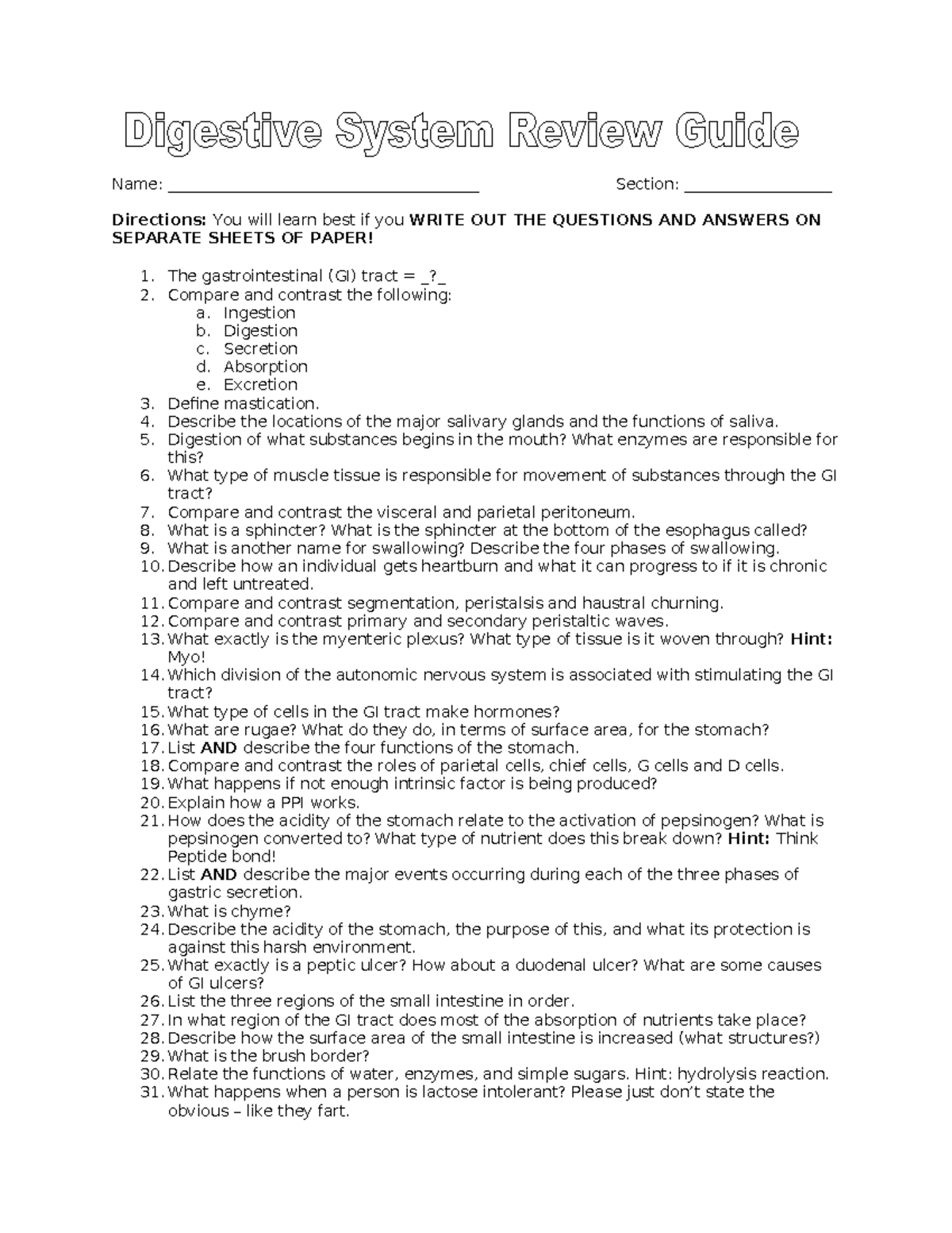 Digestive System Review Guide - Name ...