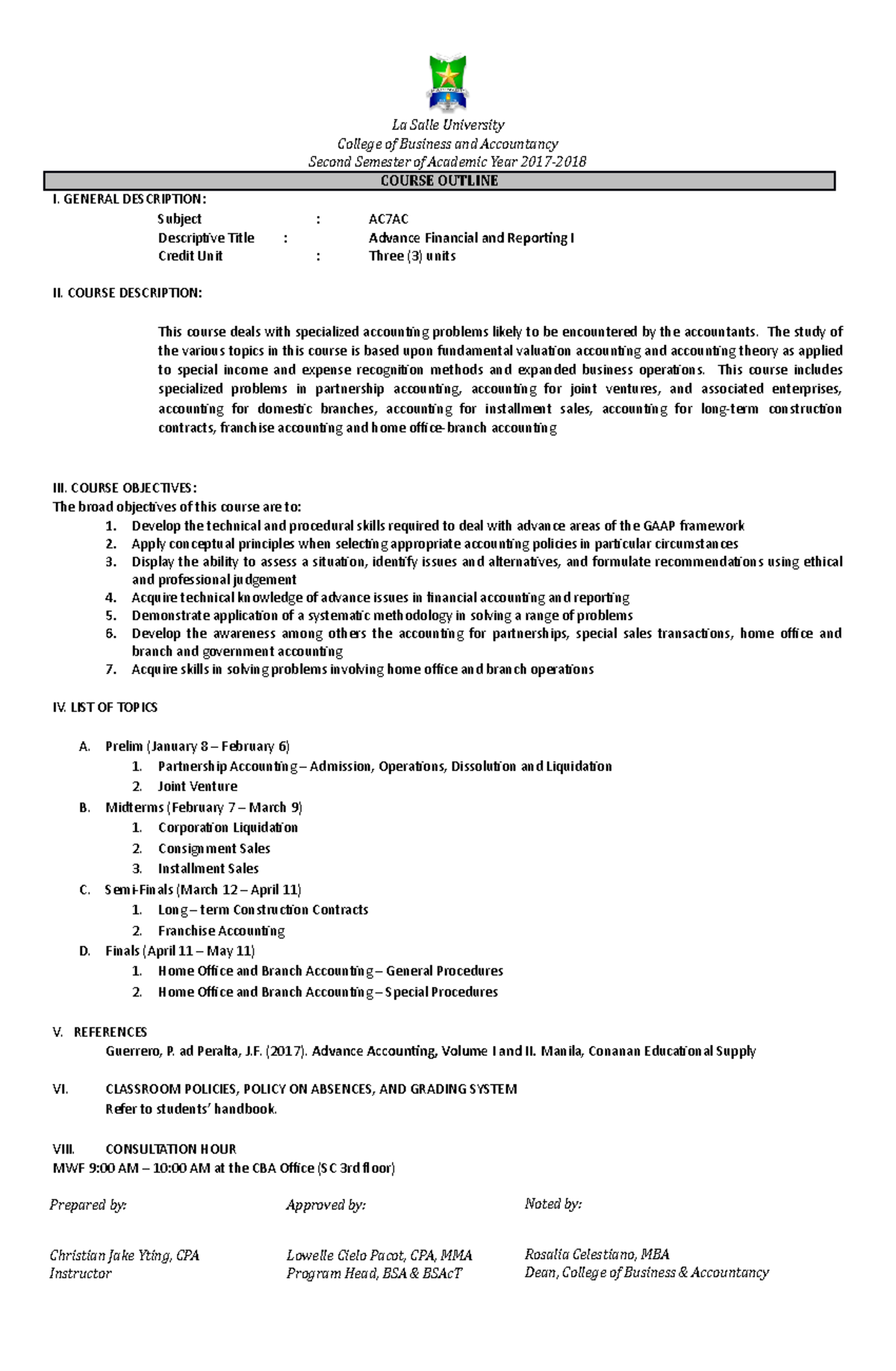 Course Outline - AFAR Pt1 - Prepared by: Christian Jake Yting, CPA ...
